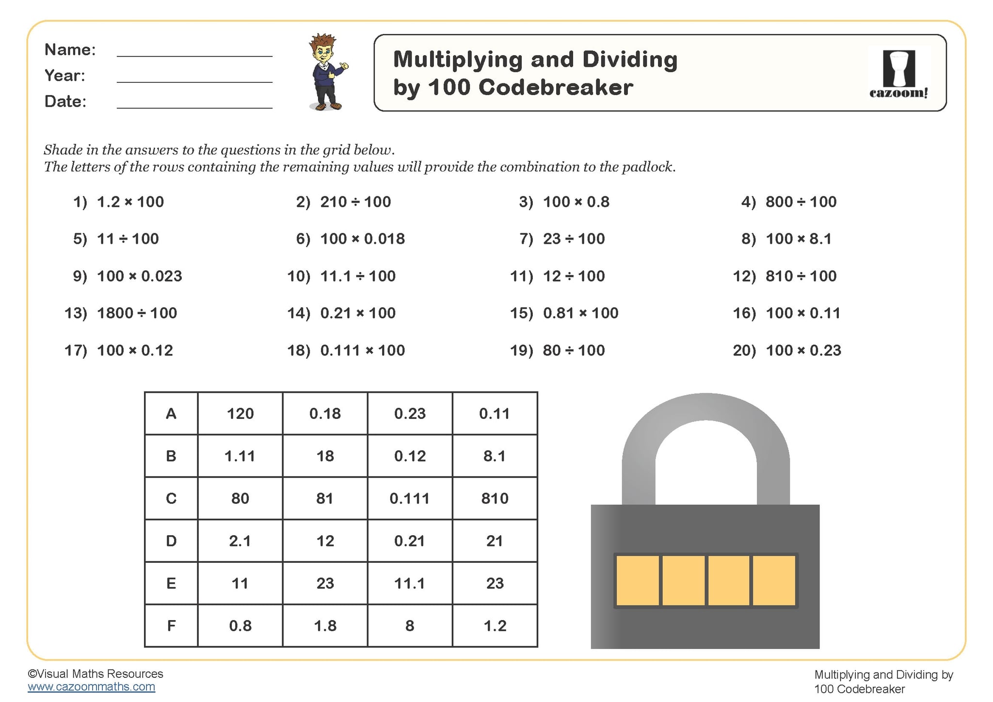 Multiply and Divide by 100 Codebreaker Worksheet | PDF printable Number ...