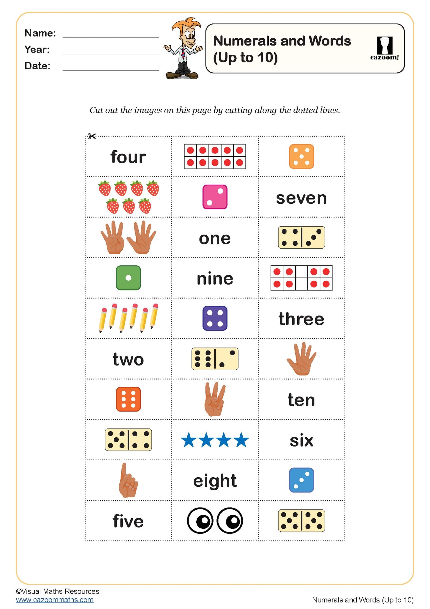 Numerals and Words (up to 10) Worksheet | PDF printable Number Worksheets