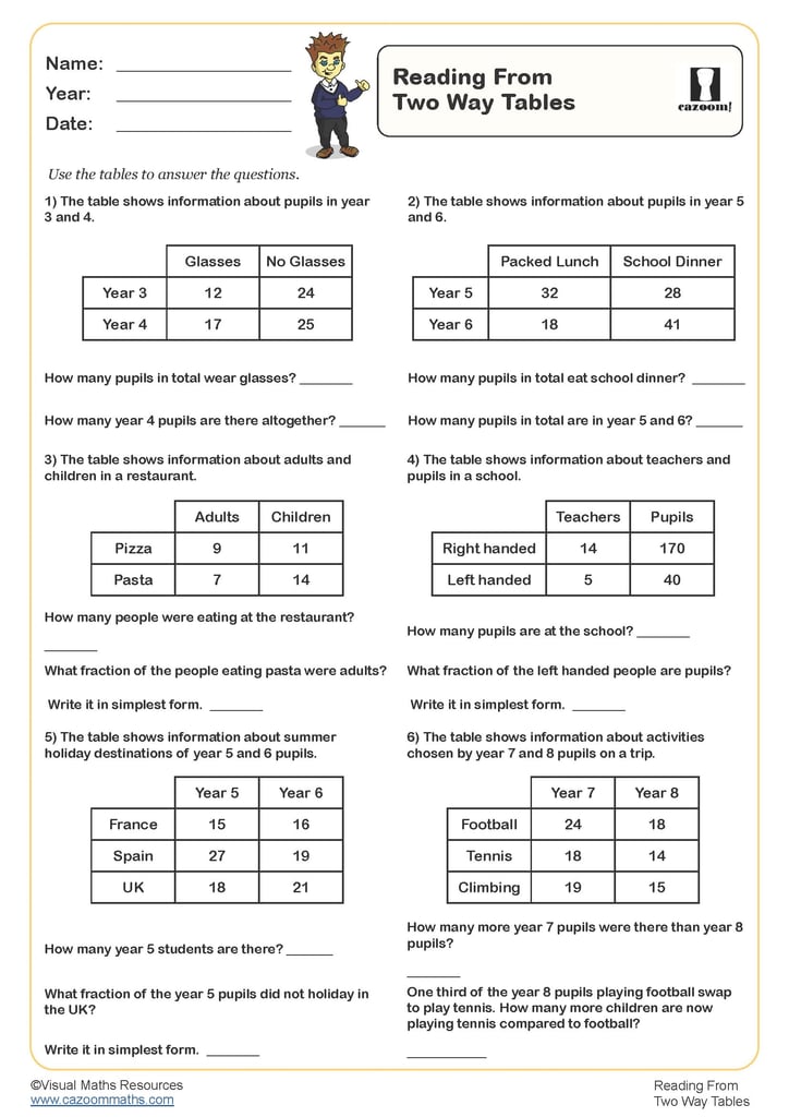 Reading from Two Way Tables Worksheet | Key Stage 2 PDF Statistics ...