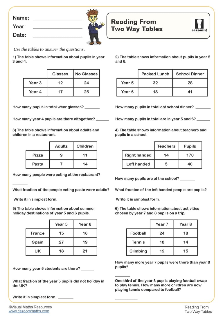Reading from Two Way Tables Worksheet | Key Stage 2 PDF Statistics ...