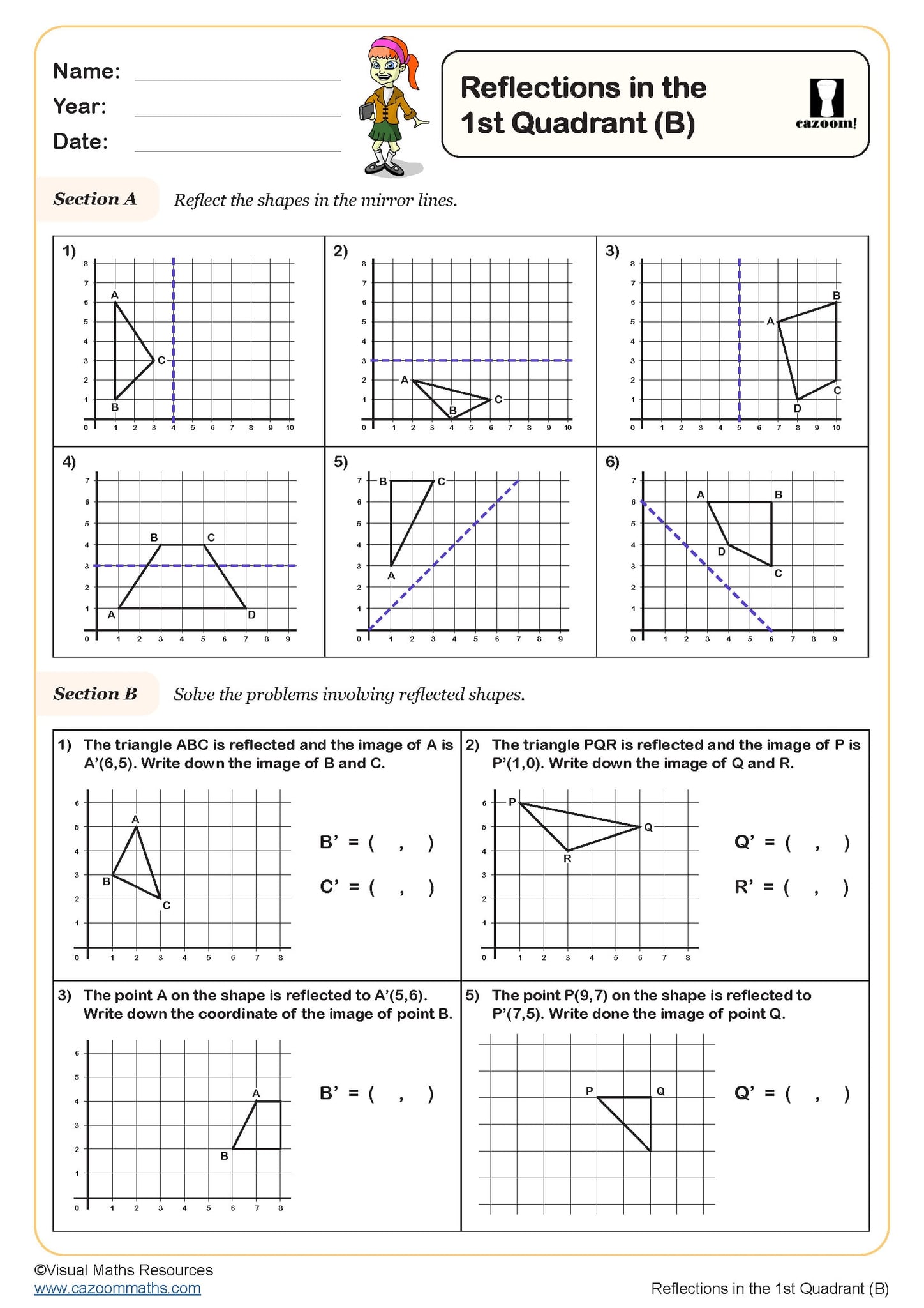Reflections in the 1st Quadrant (A) Worksheet | Key Stage 2 PDF ...