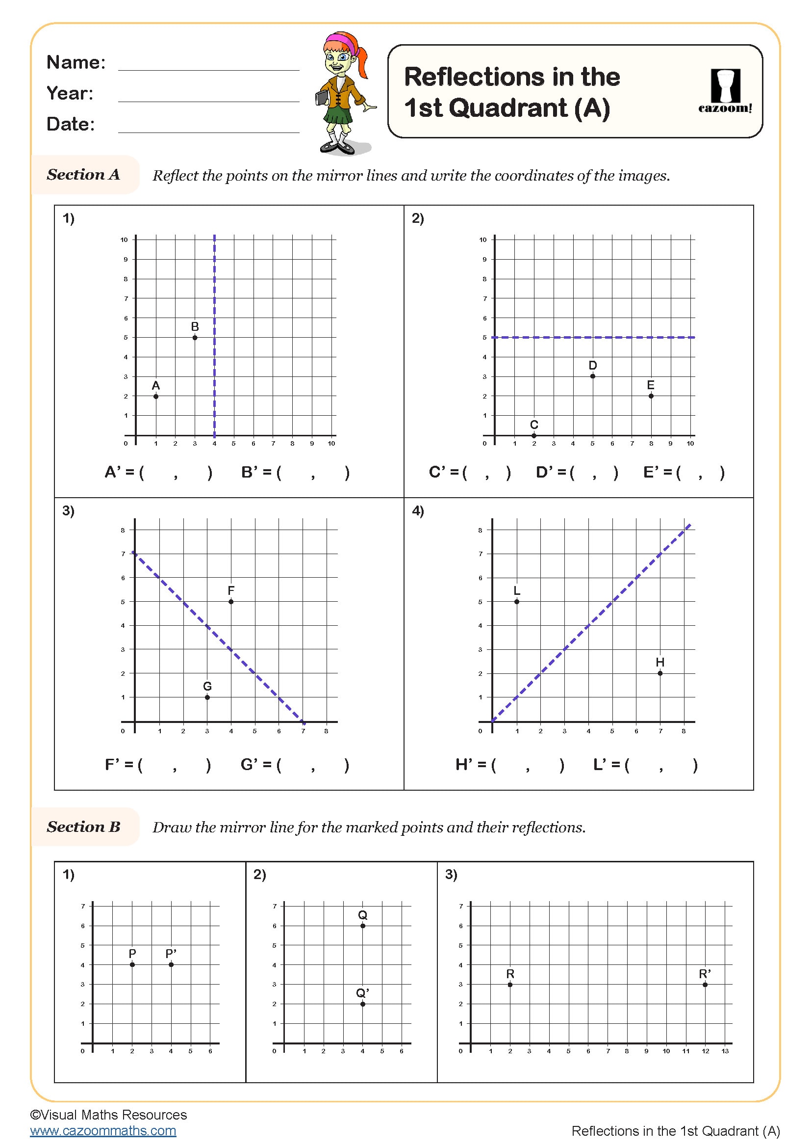 Reflections in the 1st Quadrant (A) Worksheet | Key Stage 2 PDF ...