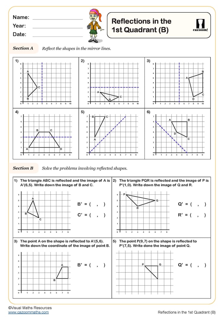 Reflections in the 1st Quadrant (B) Worksheet | Fun and Engaging Year 5 ...