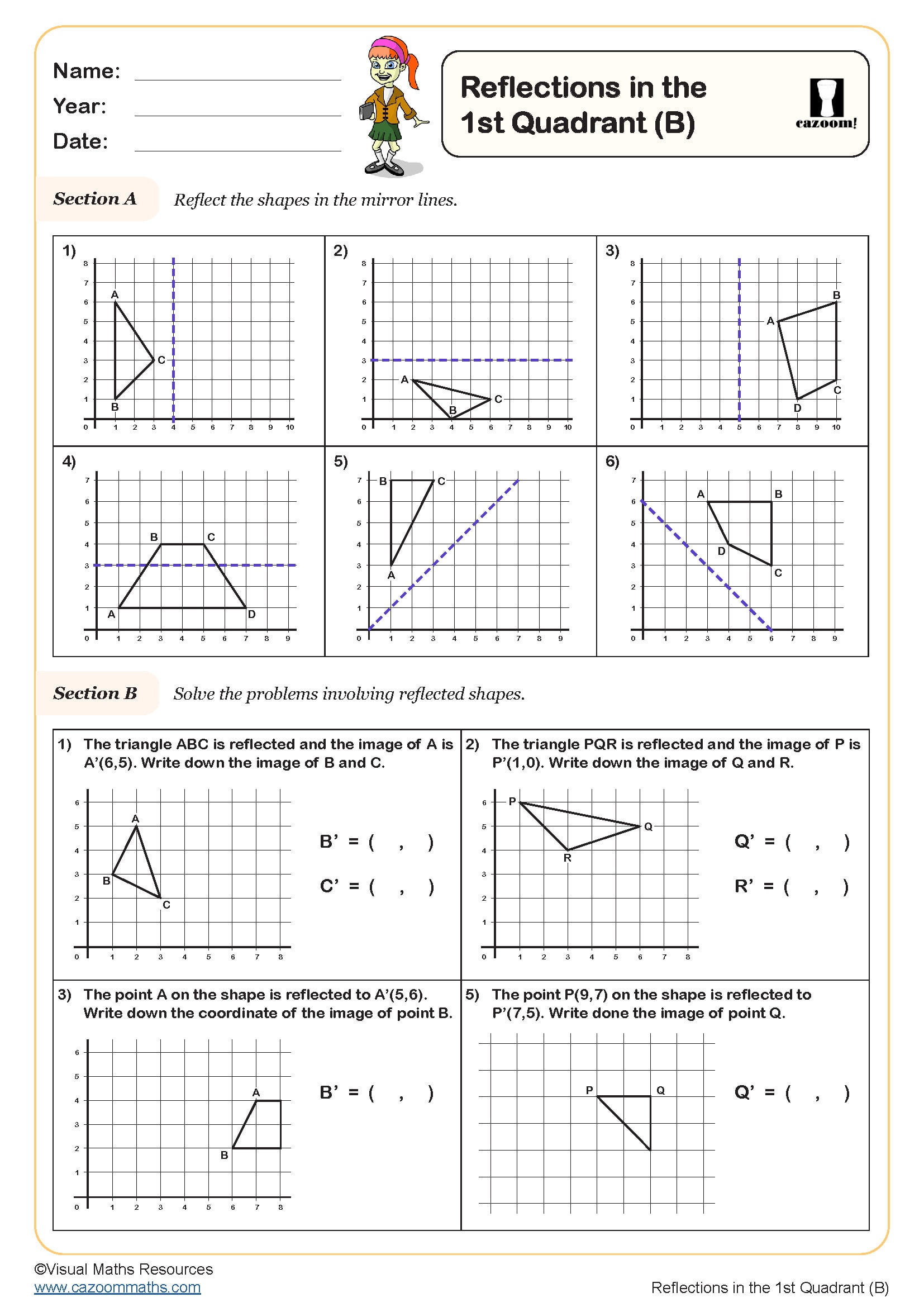 Reflections in the 1st Quadrant (A) Worksheet | Key Stage 2 PDF ...
