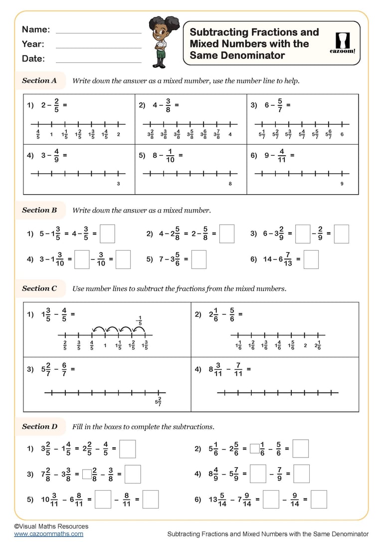 Subtracting Fractions and Mixed Numbers with the Same Denominator ...