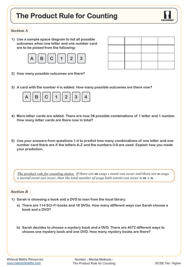The Product Rule for Counting Worksheet | Printable PDF Worksheets