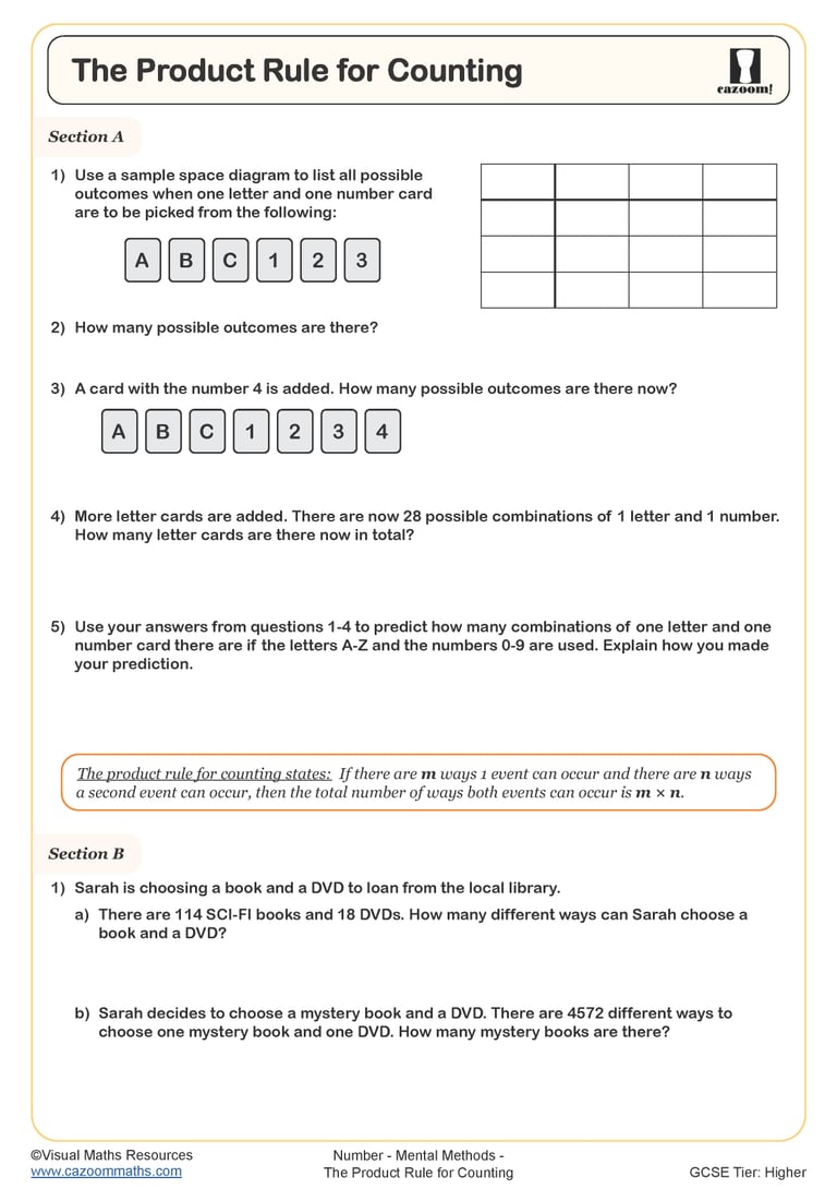 The Product Rule for Counting Worksheet | Printable PDF Worksheets