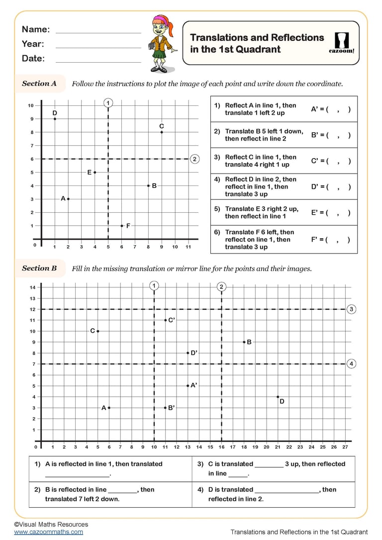 Translations and Reflections in the 1st Quadrant Worksheet | PDF ...