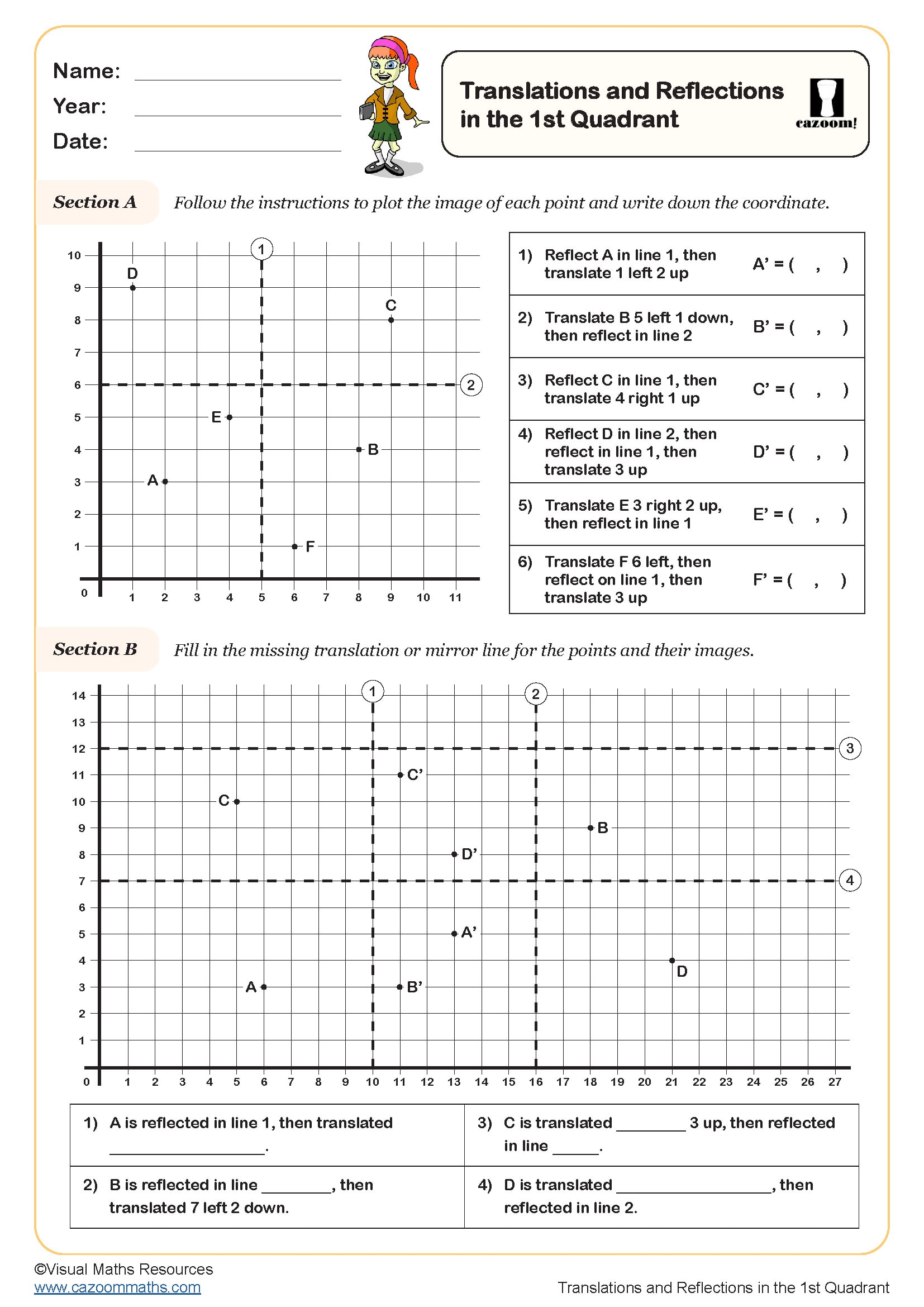 Translations and Reflections in the 1st Quadrant Worksheet | PDF ...
