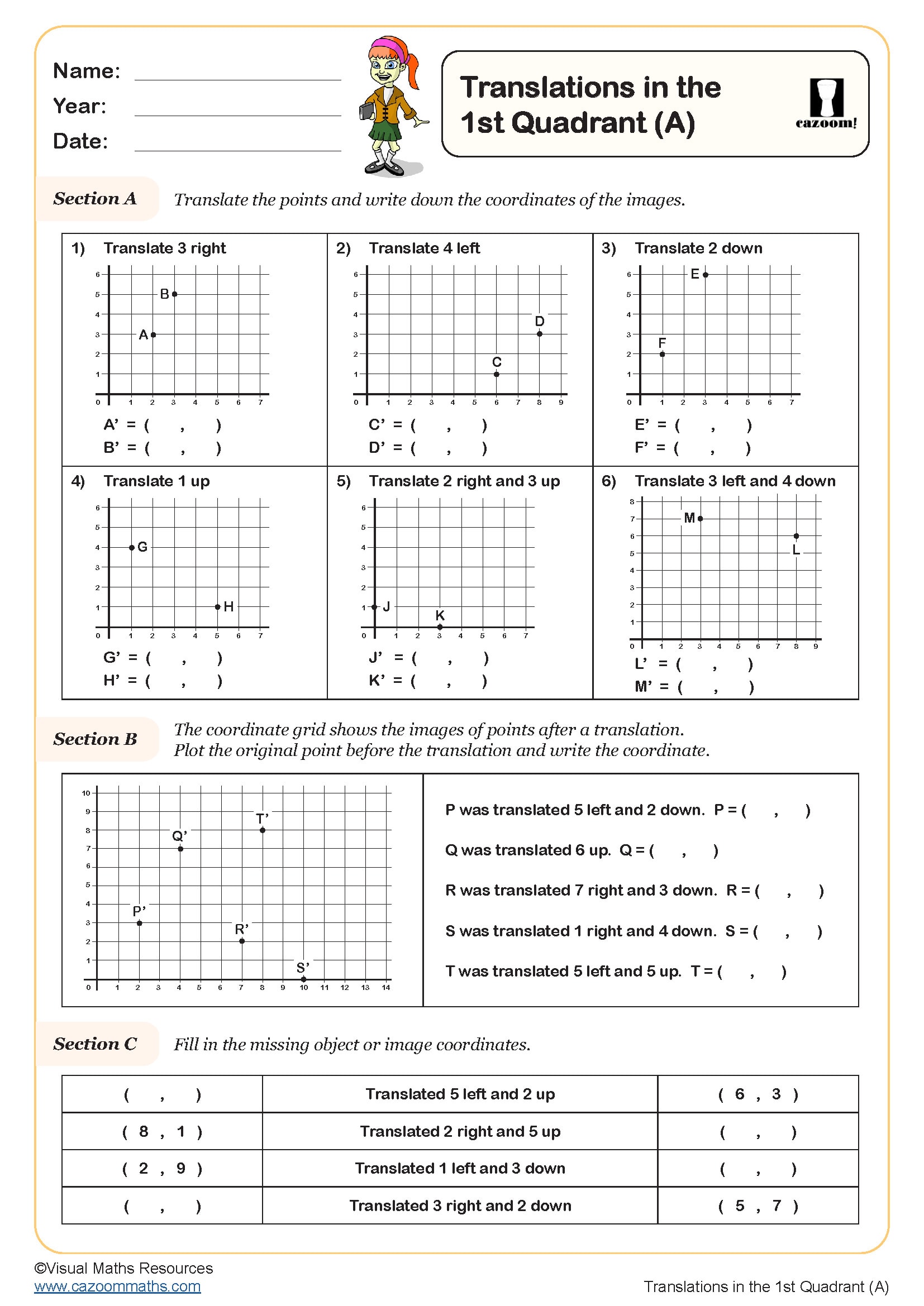 Translations in the 1st Quadrant (A) Worksheet | Fun and Engaging Year ...