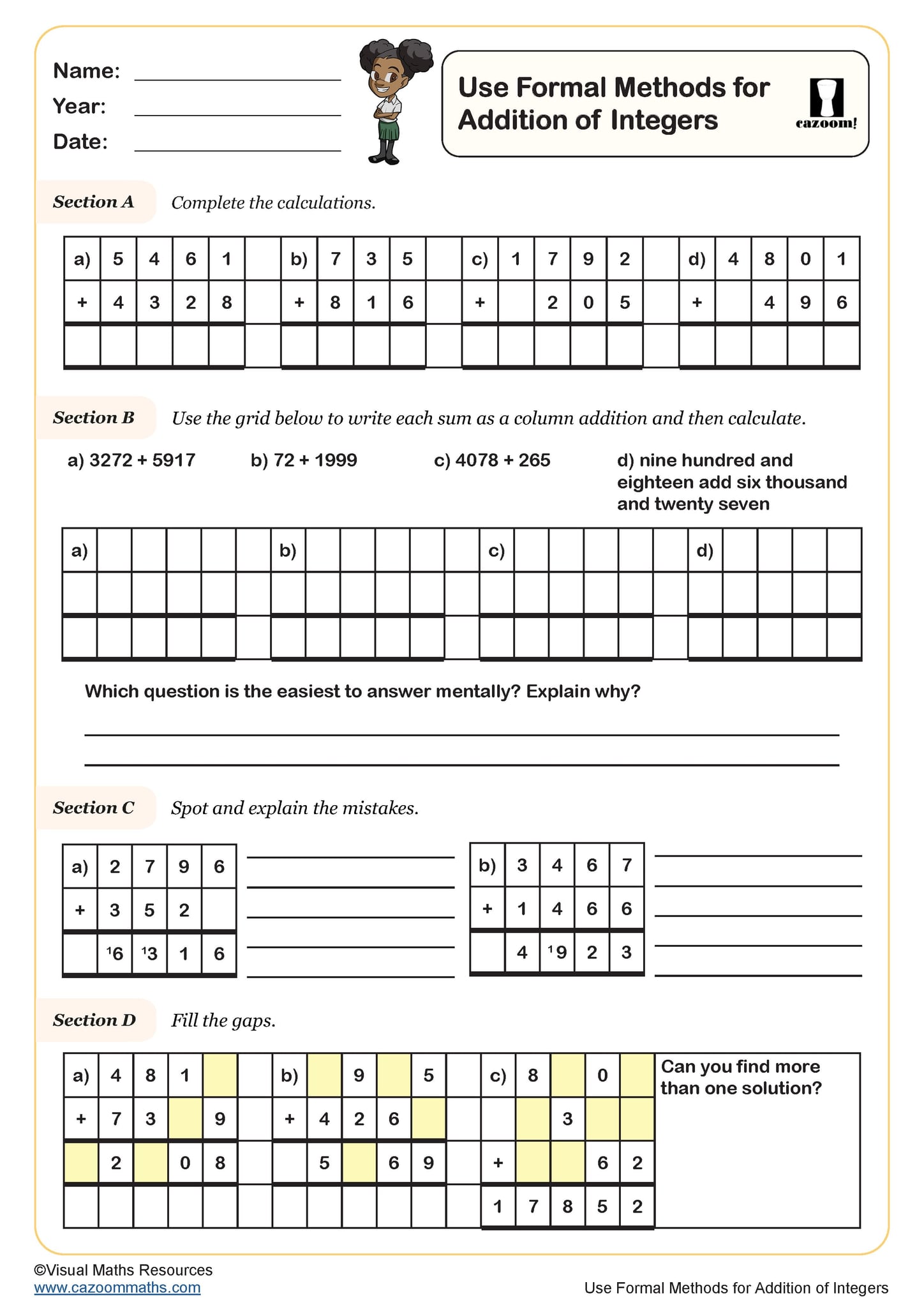 Use Formal Methods for the Addition of Integers Worksheet | Key Stage 2 ...