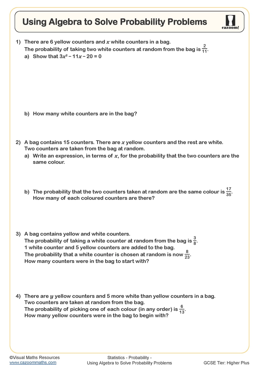 Using Algebra to Solve Probability Problems (with clues) Worksheet ...