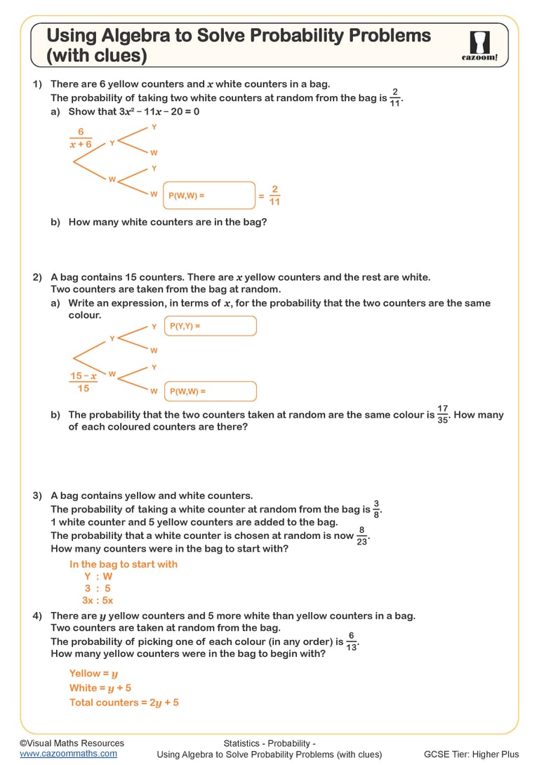 Using Algebra to Solve Probability Problems (with clues) Worksheet ...