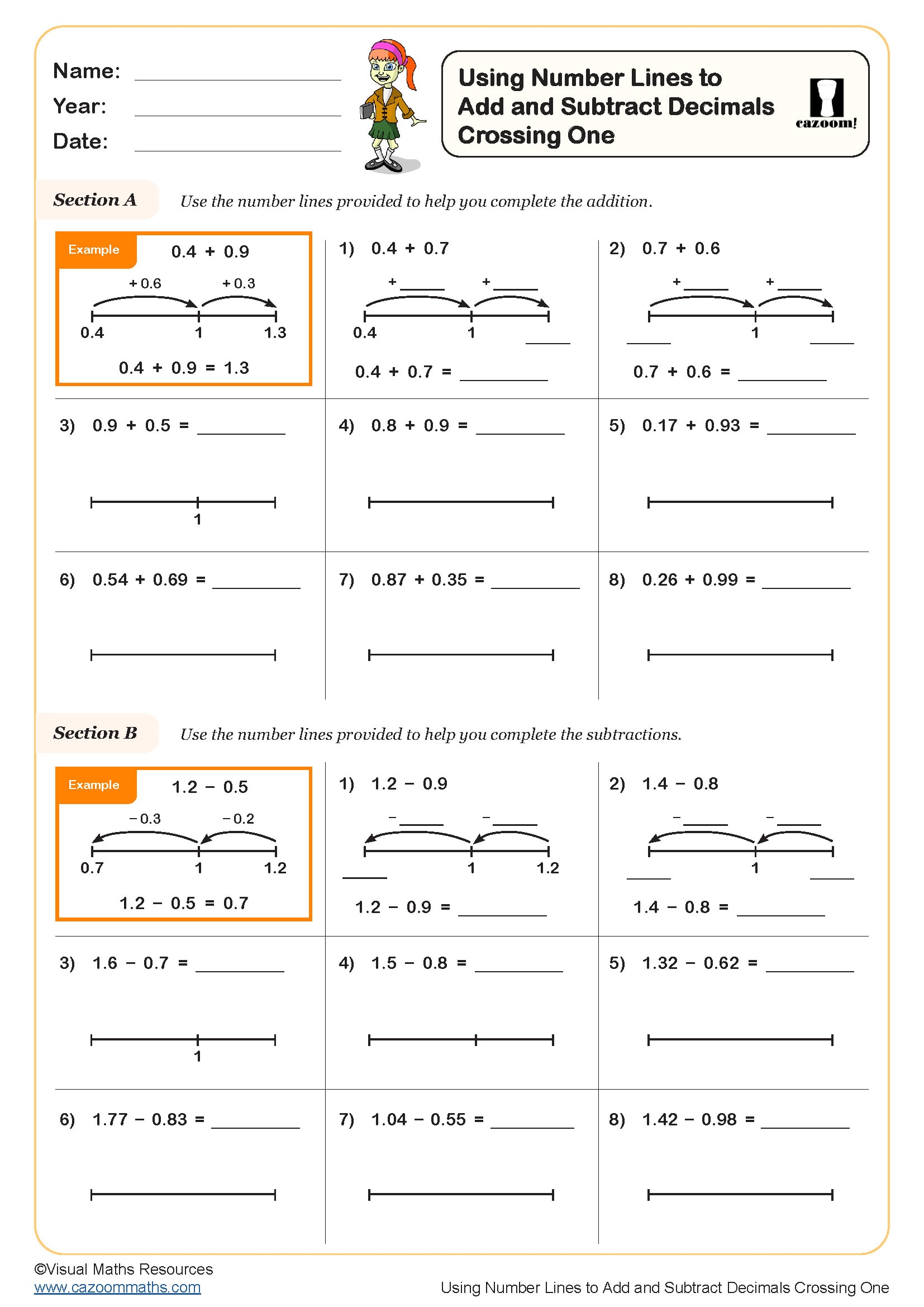 Using Number Lines to Add and Subtract Decimals Crossing One Worksheet ...