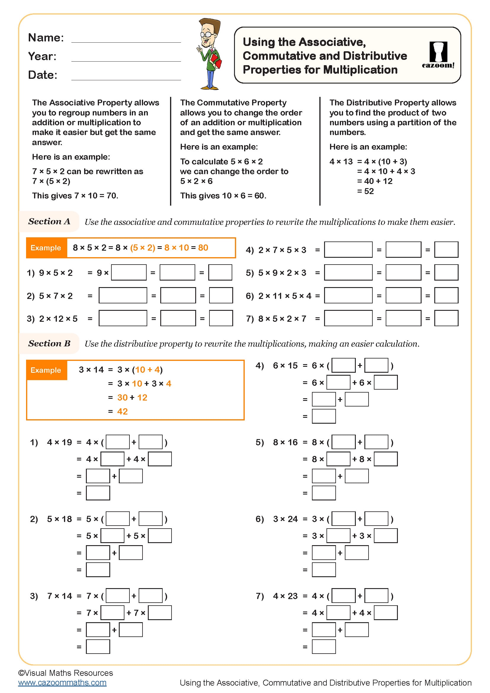 Using The Associative Commutative And Distributive Properties For Multiplication Worksheet