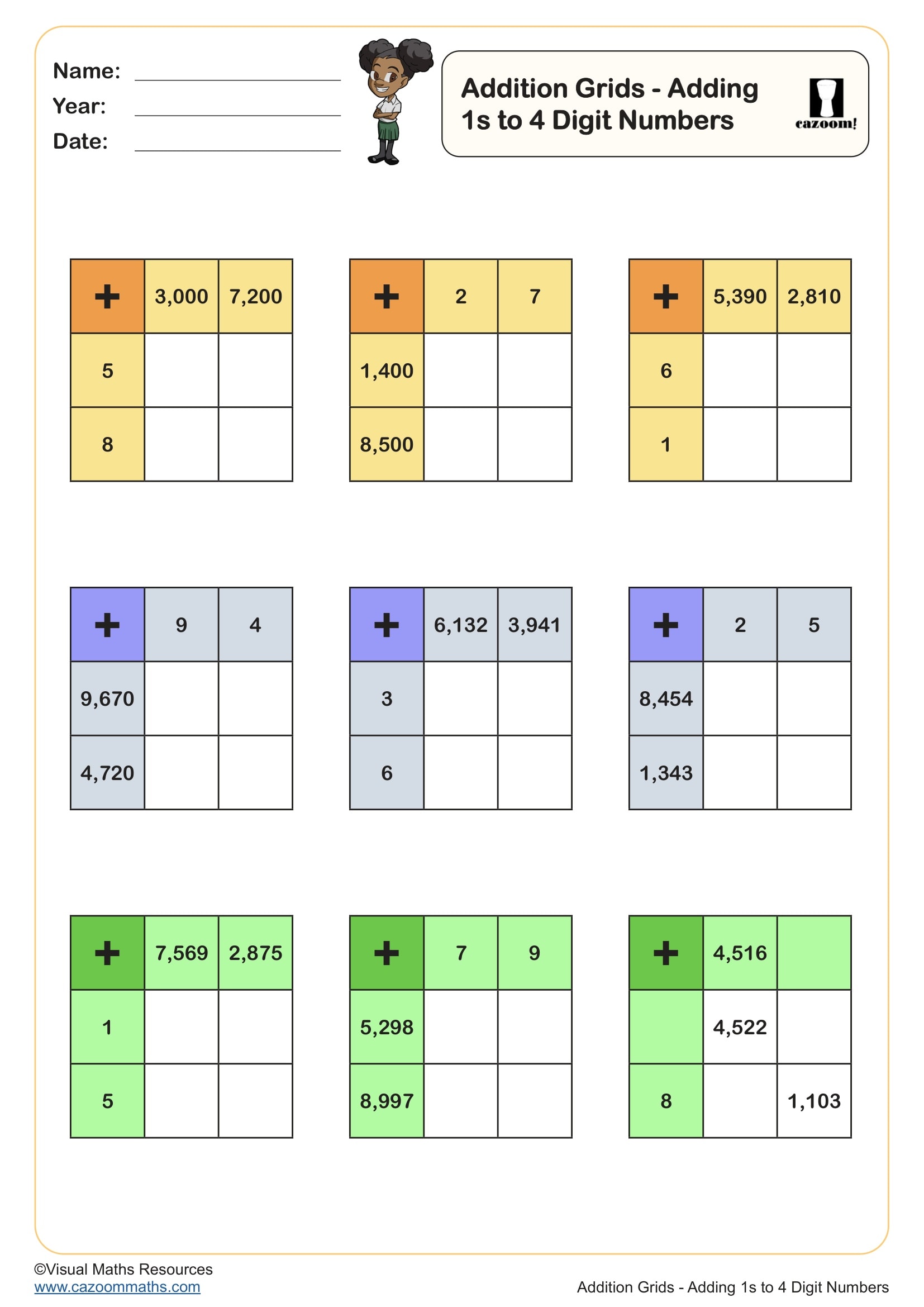 Addition Grids Adding 1s to 4 Digit Numbers | Printable PDF Year 4 Worksheet