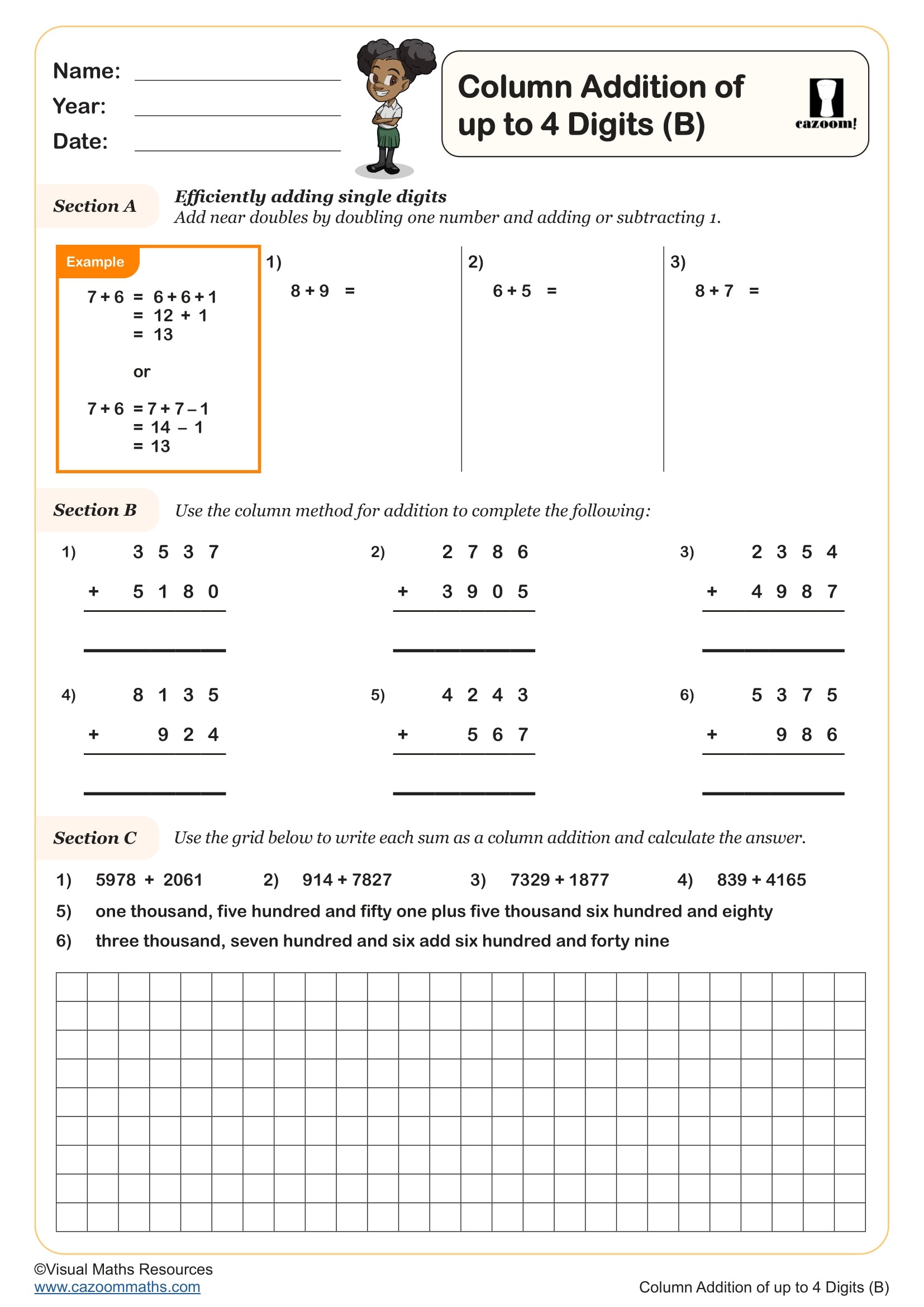 Column Addition of up to 4 Digits (A) | PDF Year 4 Addition Worksheet