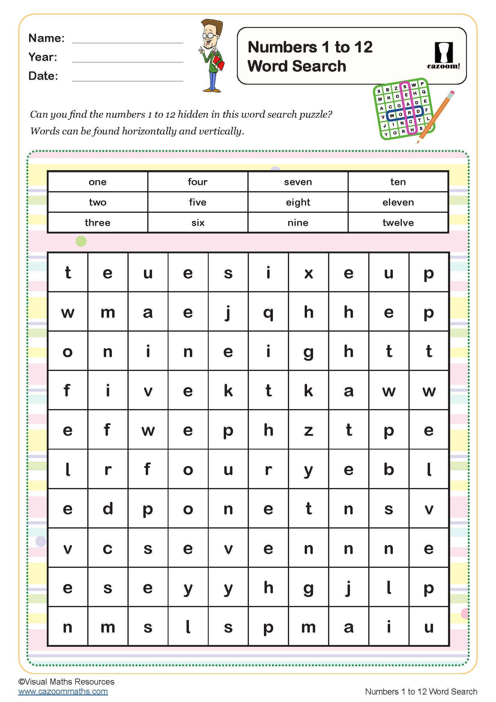 Numbers 1 to 12 Word Search Puzzle | FREE Teaching Resources