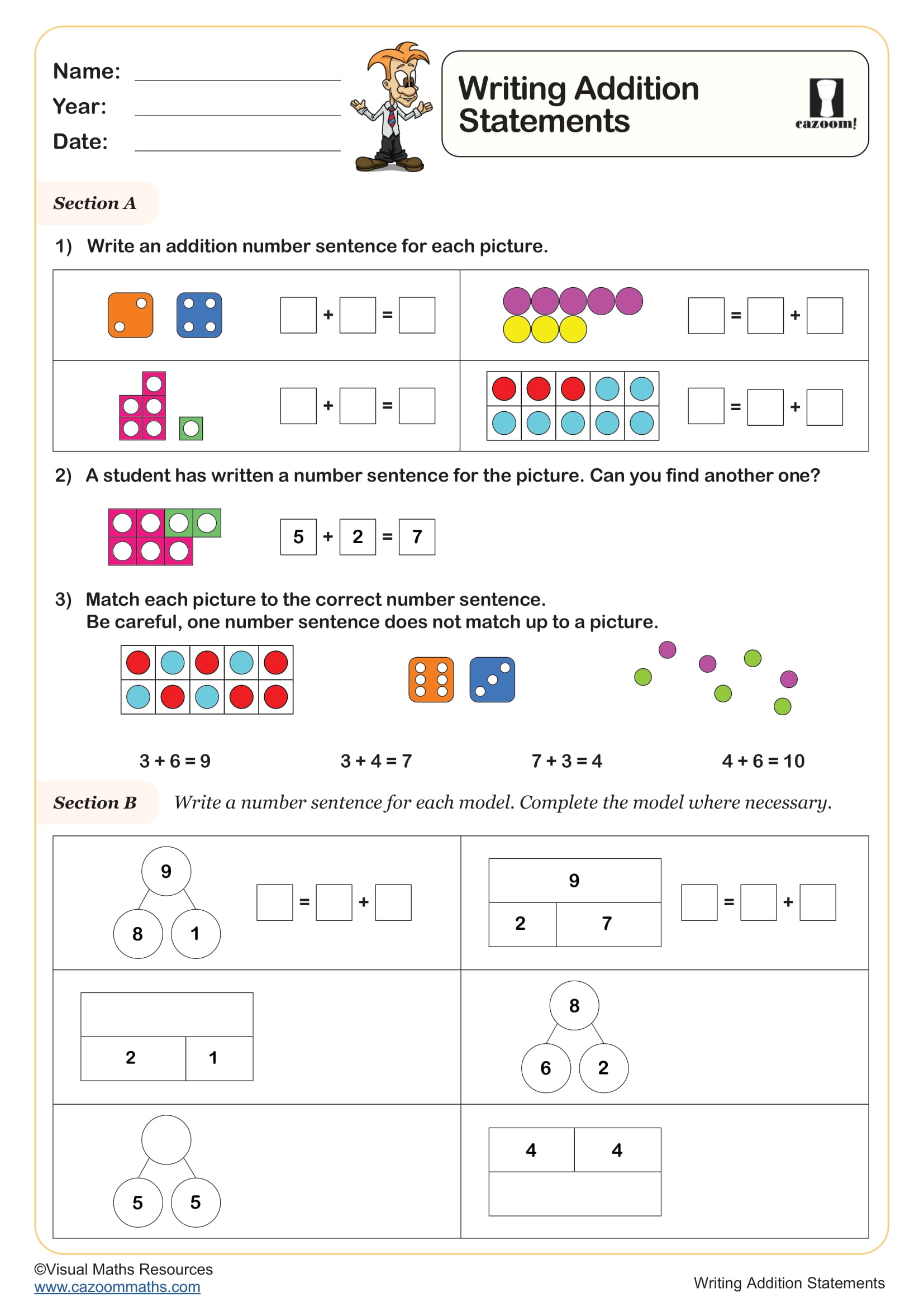 Writing Addition Statements | Printable PDF Year 1 Maths Worksheet