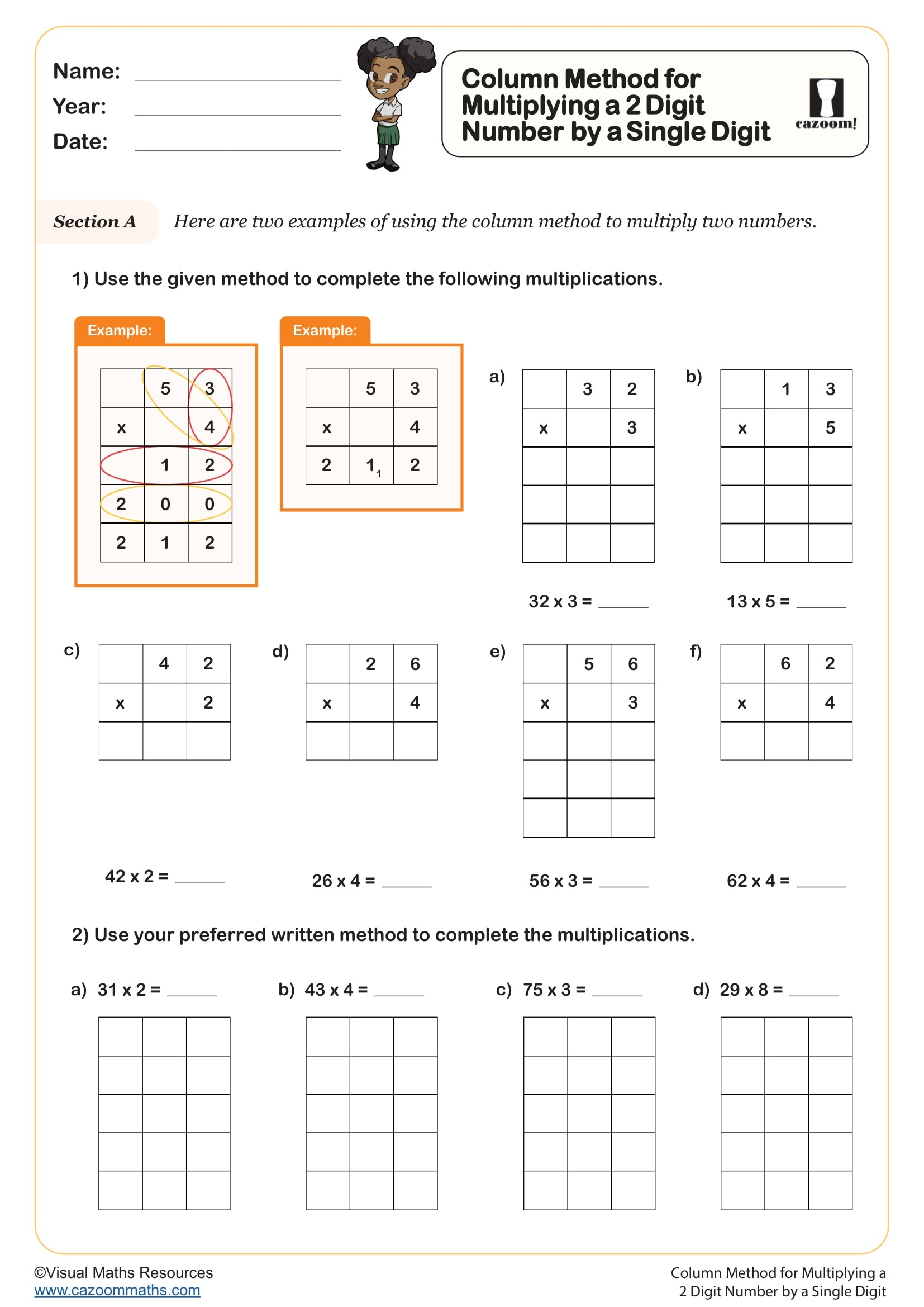 Column Method For Multiplying A 2 Digit Number By A Single Digit Key Stage 2 Number Worksheet