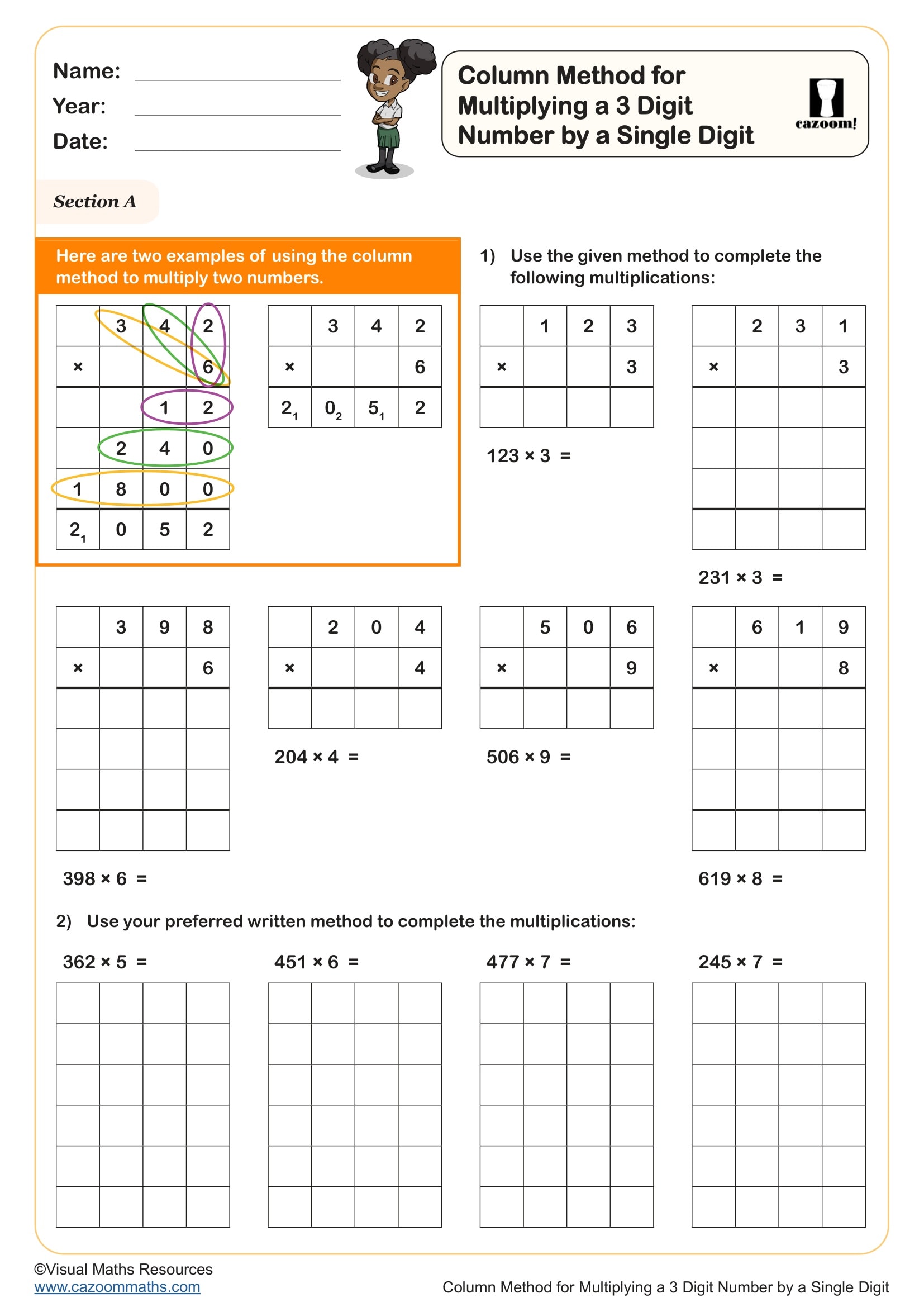 Column Method for Multiplying a 3 Digit Number by a Single Digit | KS2 Number Worksheet
