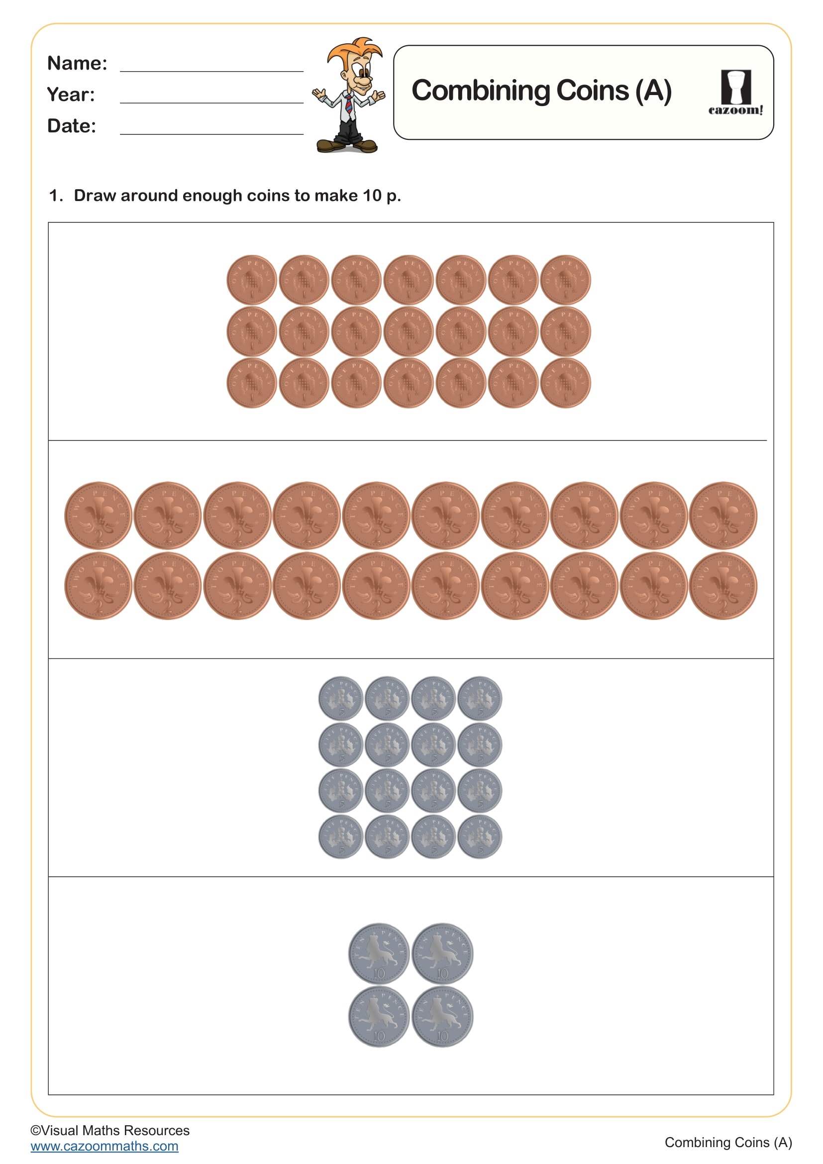 Combining Coins (A) | Printable PDF Year 1 Money Worksheet