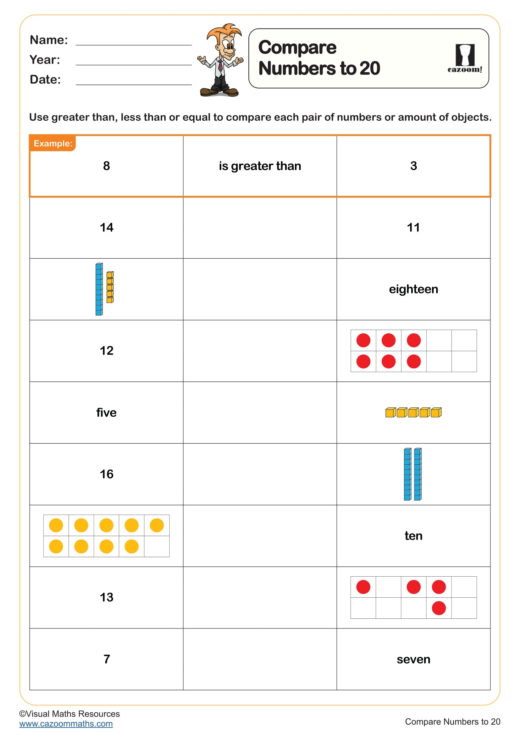 Comparing Numbers to 20 Worksheet | Year 1 PDF Number Worksheets