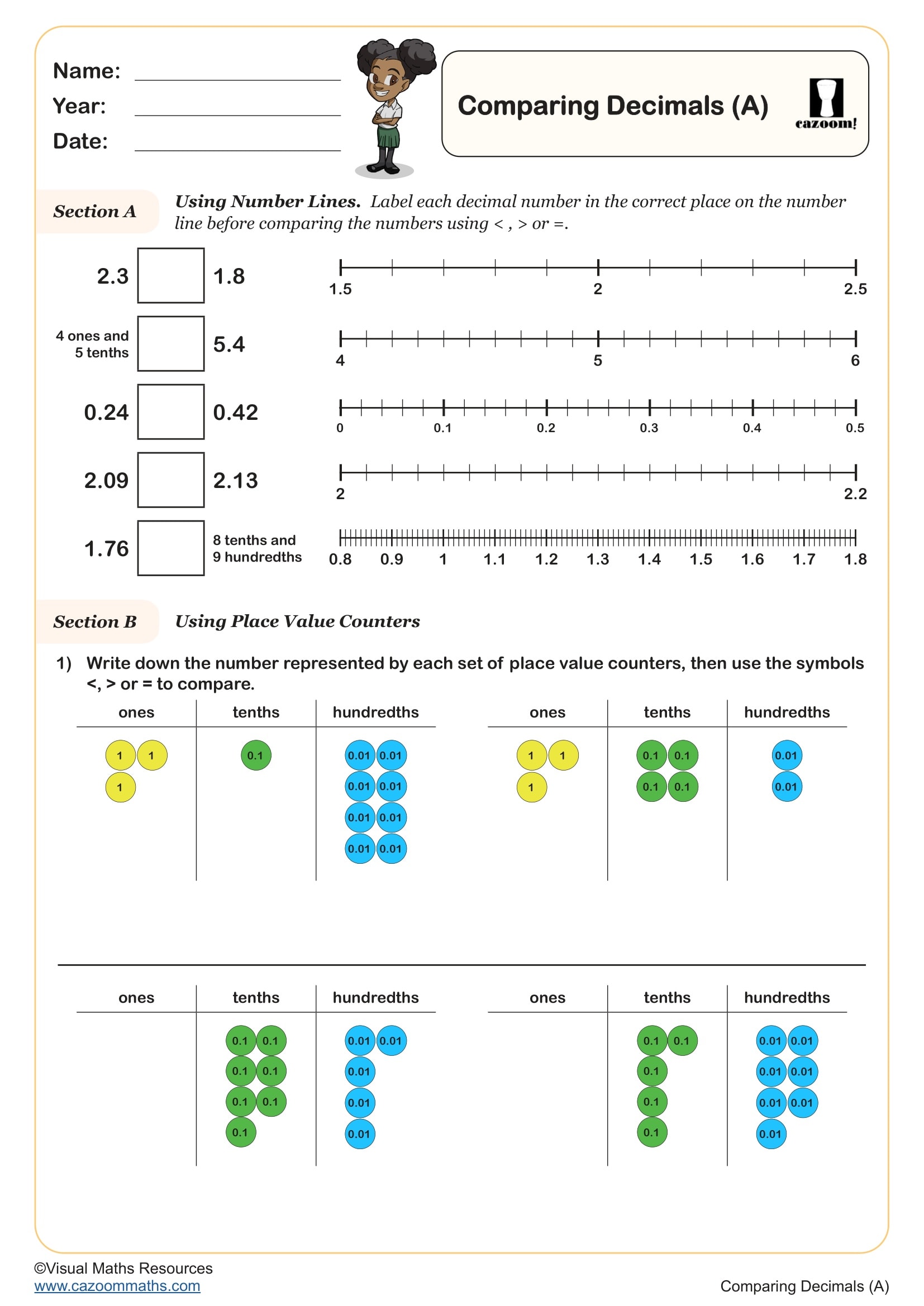 Comparing Decimals (A) | Printable PDF Year 4 Fractions Worksheet
