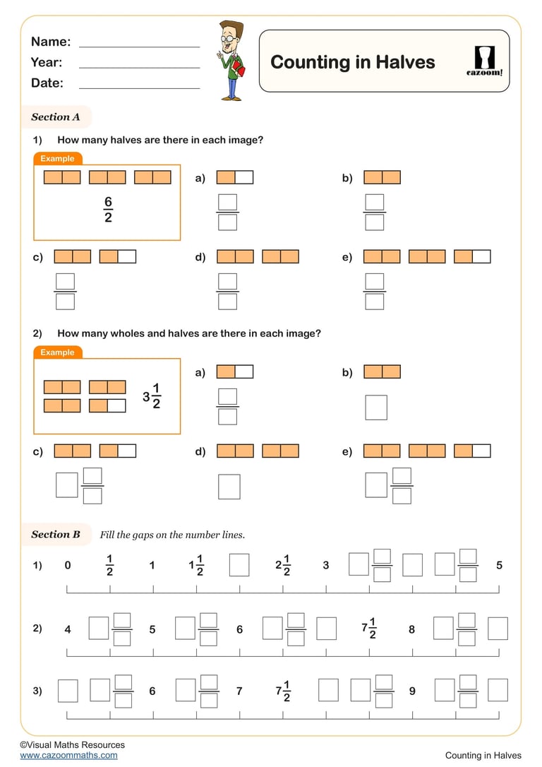 Counting in Halves | Printable PDF Year 2 Fractions Worksheet
