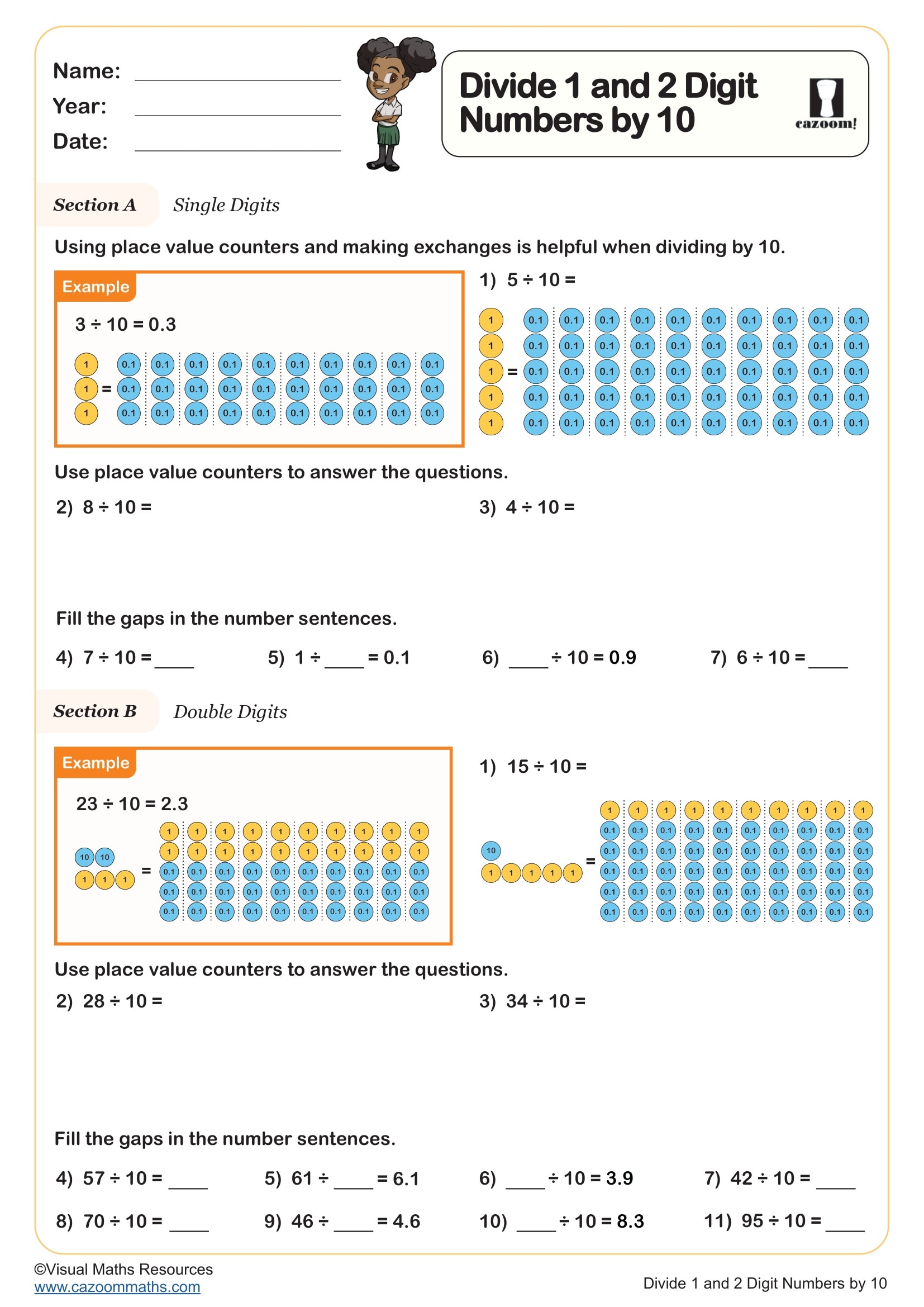 Divide 1 and 2 Digit Numbers by 10 | Year 4 Number Worksheet