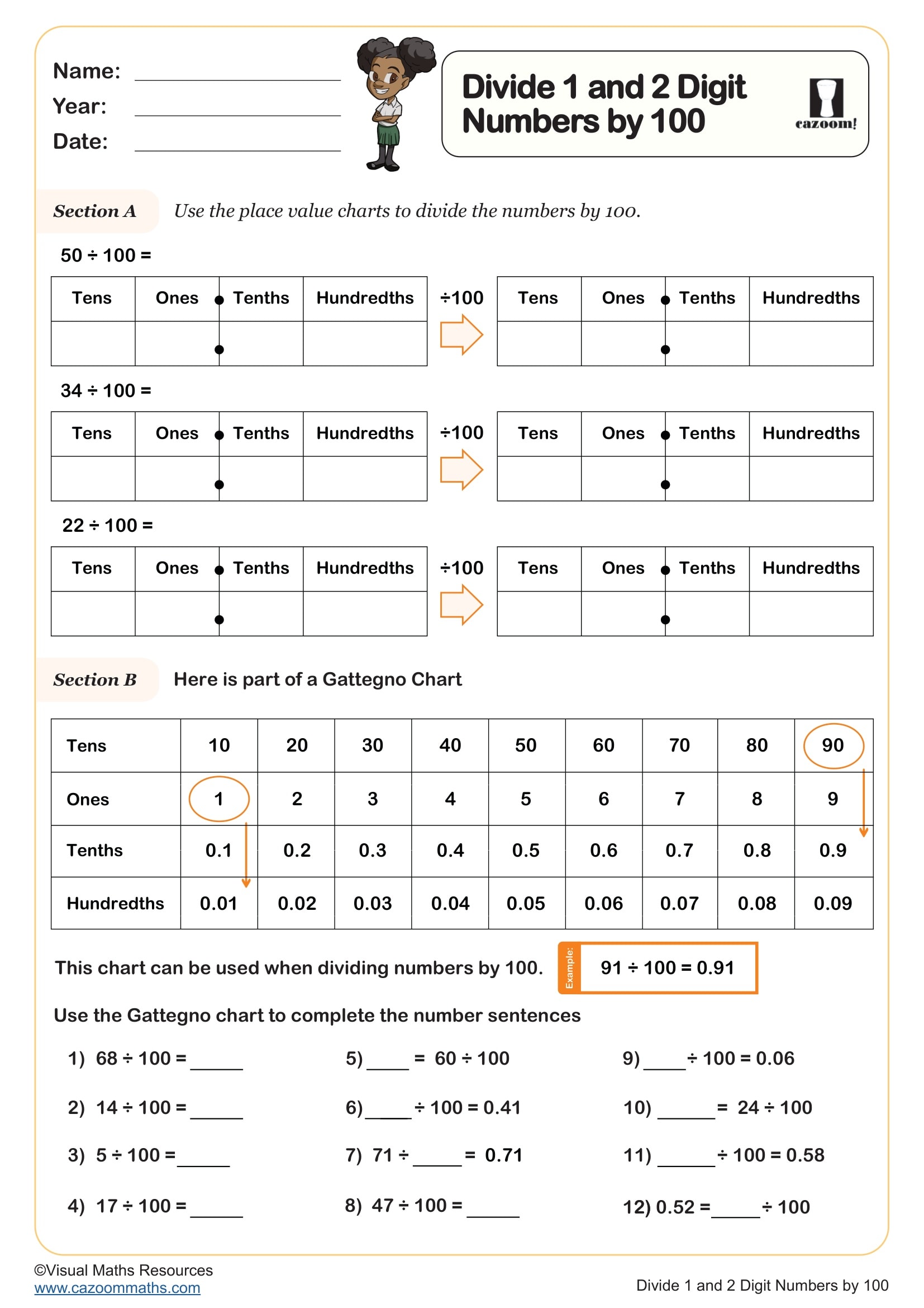 Divide 1 and 2 Digit Numbers by 100 | Printable PDF Year 4 Number Worksheet