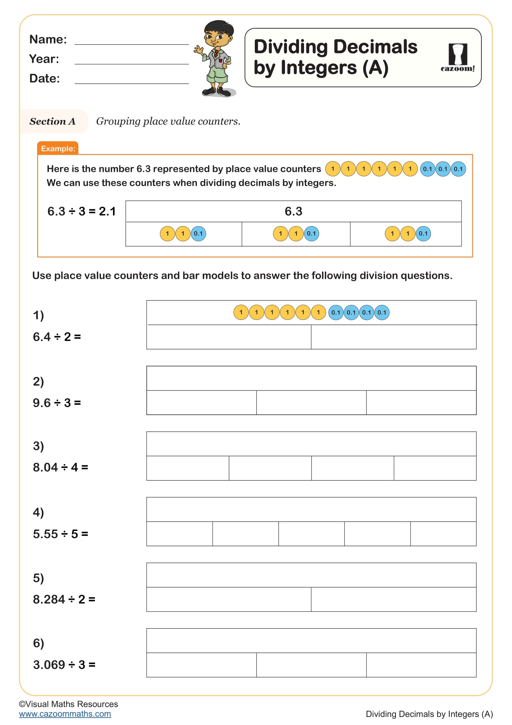 Divide Decimals by Integers (A) | Fun and Engaging KS2 Number Worksheet