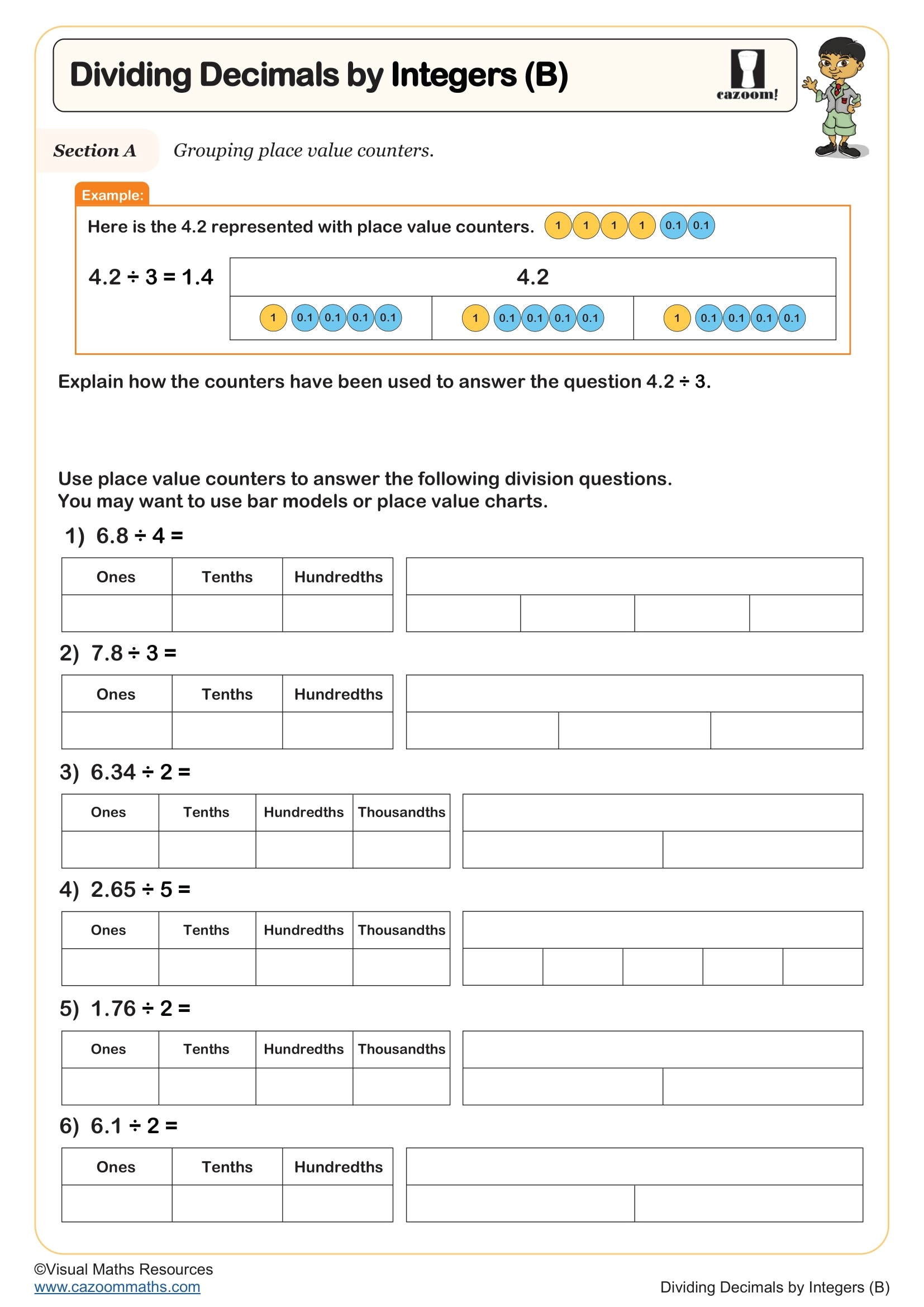Divide Decimals by Integers (B) | Printable PDF KS2 Maths Worksheet