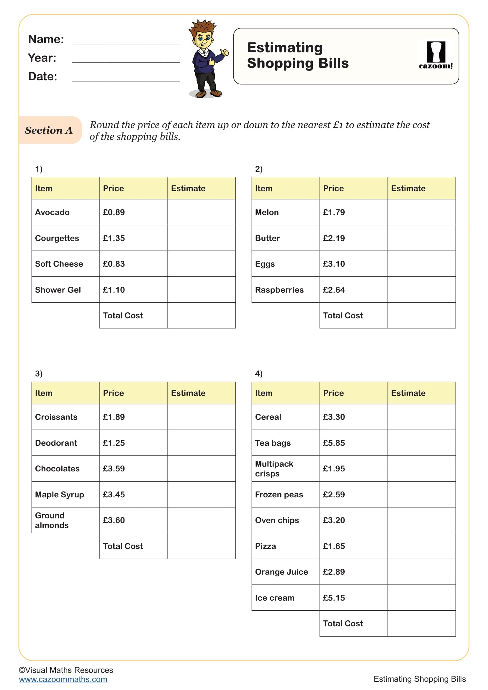 Estimating Shopping Bills Worksheet | Printable PDF Year 4 Number Worksheet