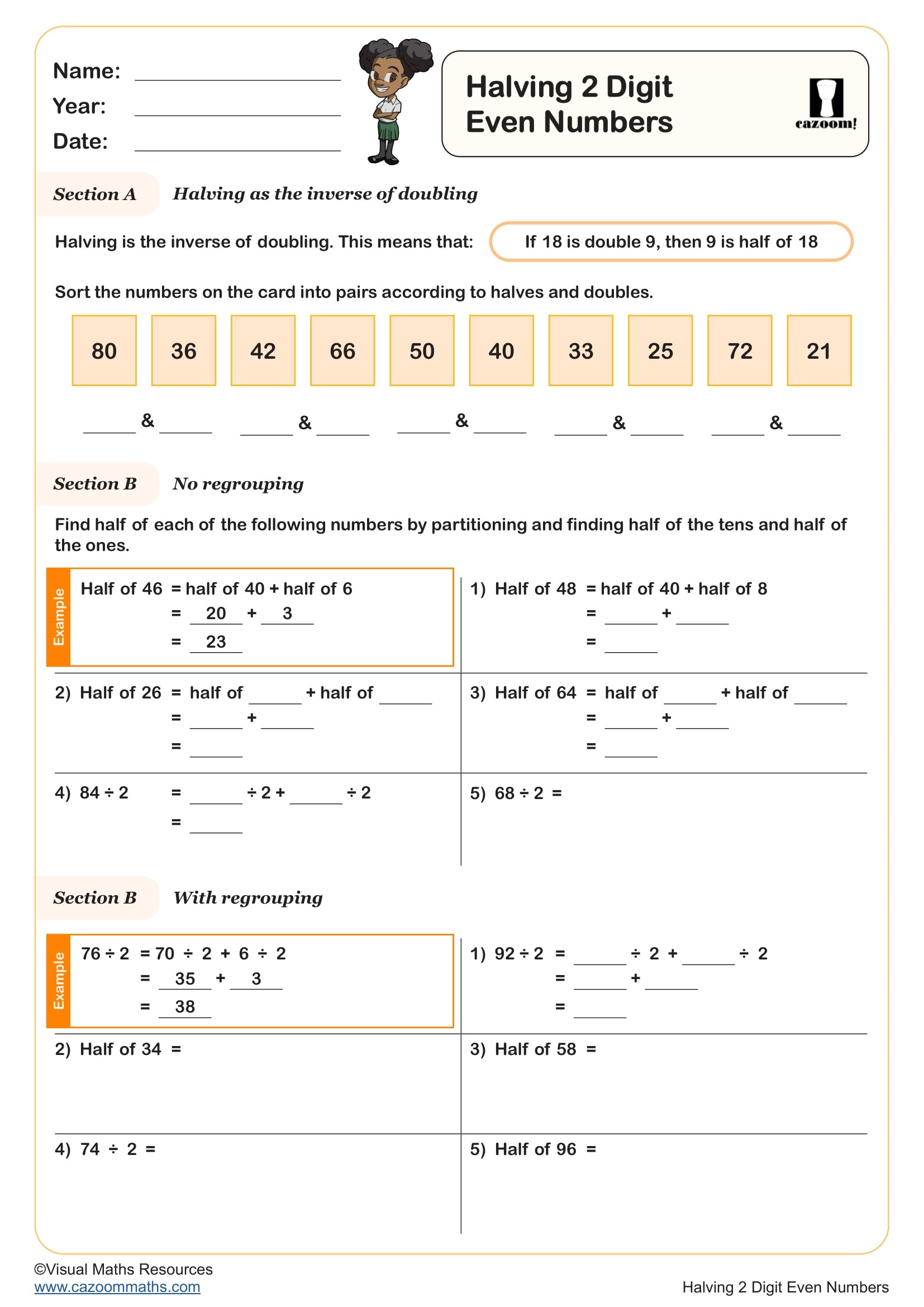 Halving 2 Digit Even Numbers | Printable PDF KS2 Number Worksheet