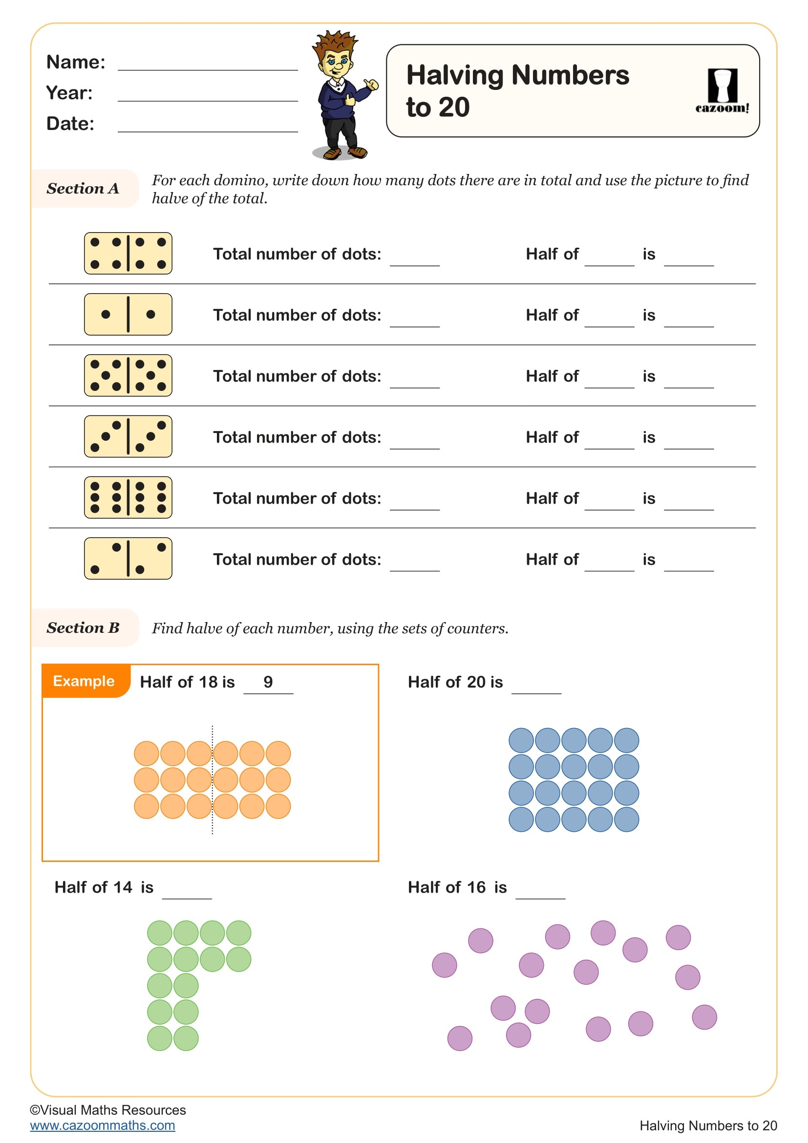 Halving Numbers to 20 | Printable PDF Year 2, Year 3 Maths Worksheet