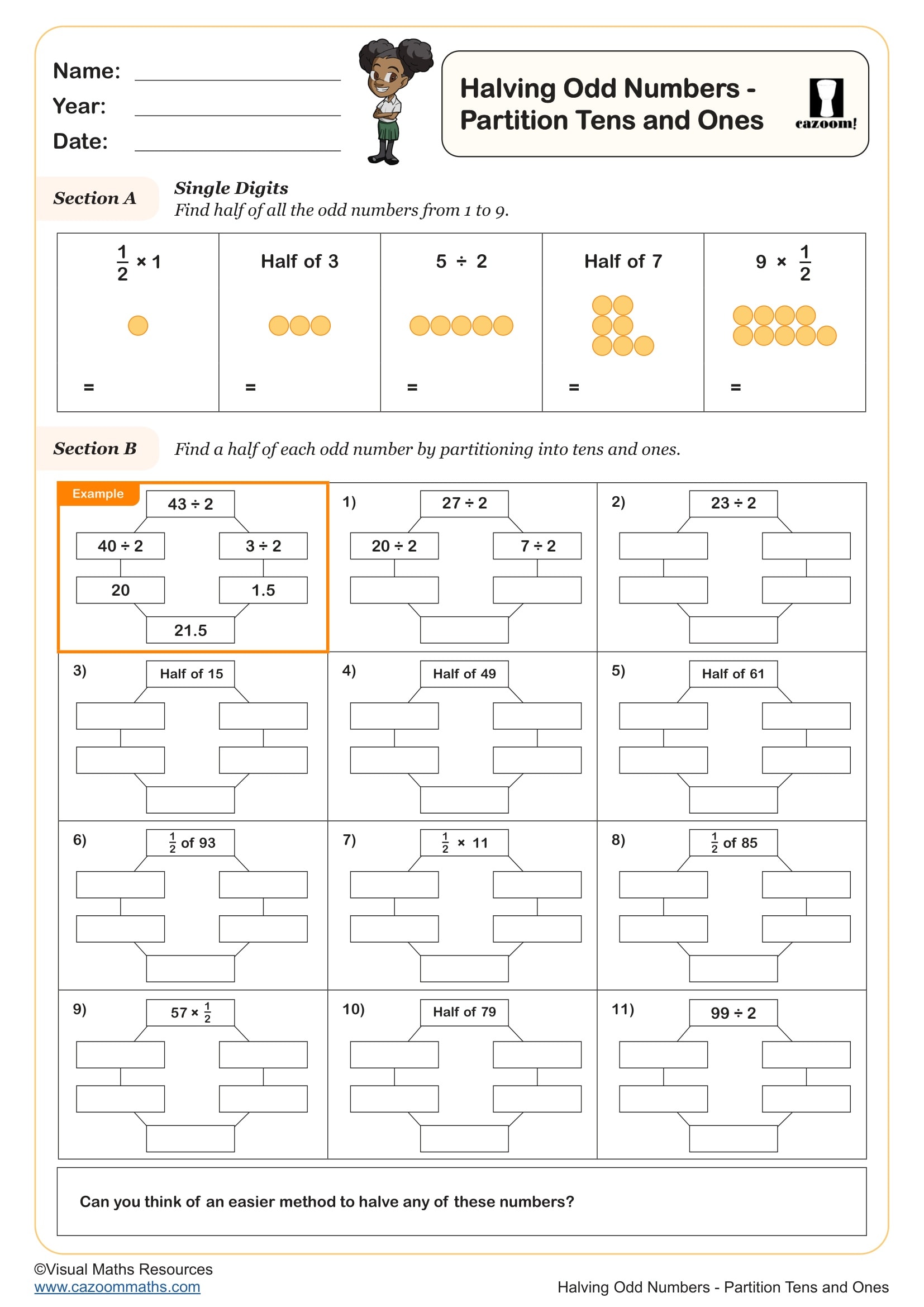 Halving Odd Numbers Partition Tens and Ones | Printable PDF Year 4 Multiplication and Division ...
