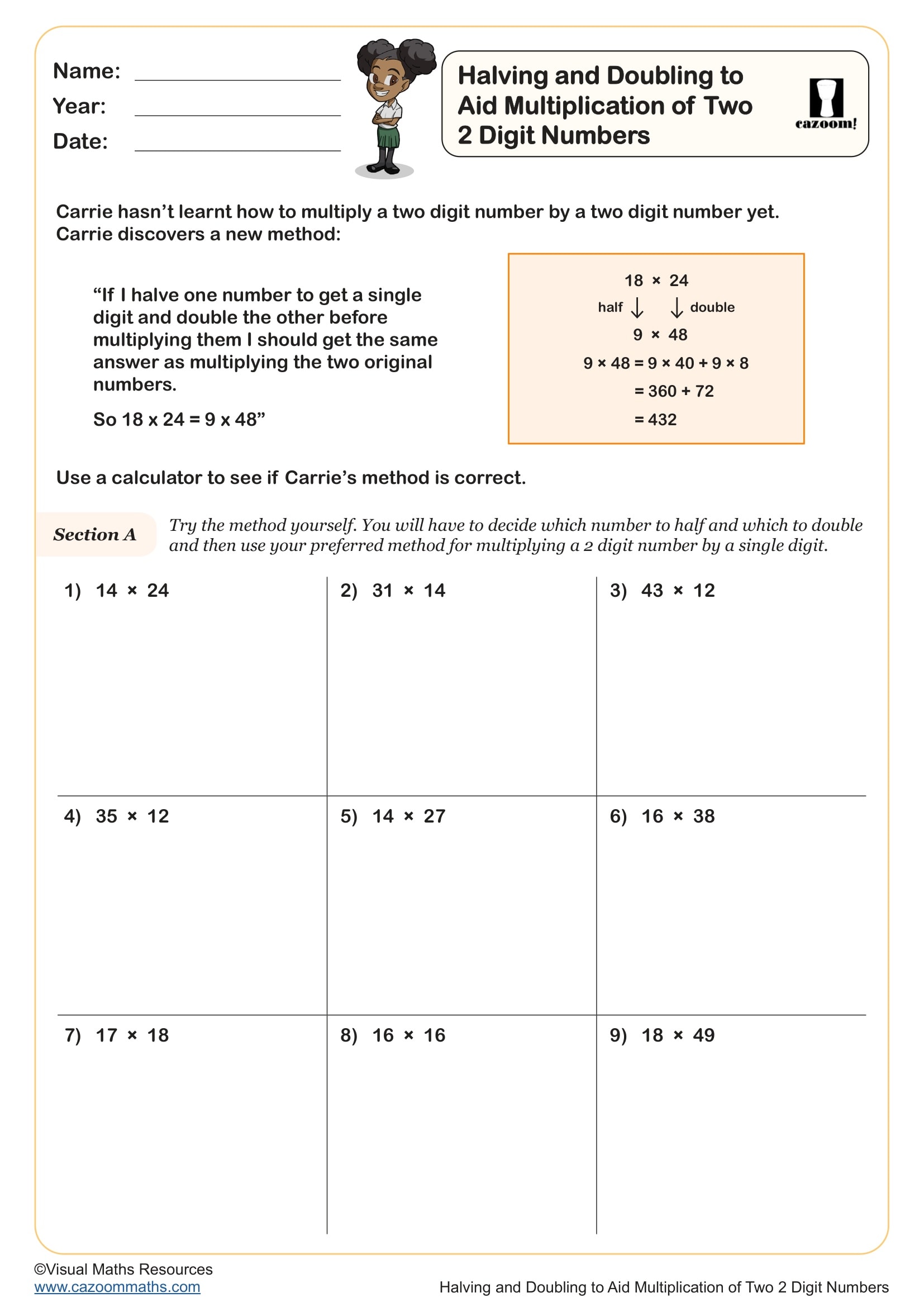 Halving and Doubling to Aid Multiplication of Two 2 Digit Numbers ...