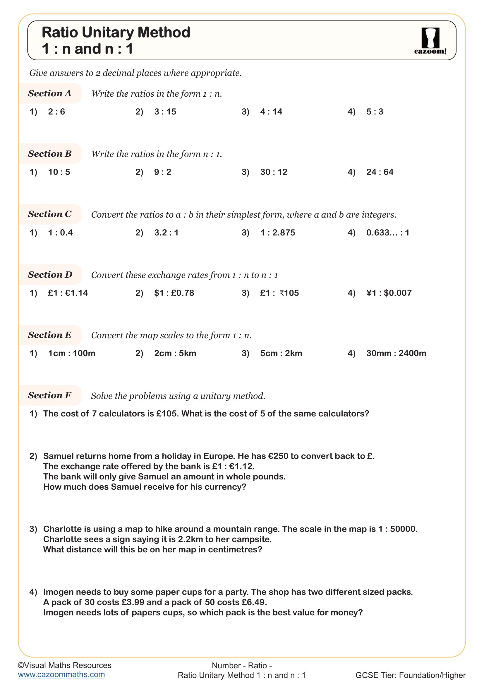 Ratio Unitary Method 1:n and n:1 Worksheet | Printable PDF Year 8,9,10 ...