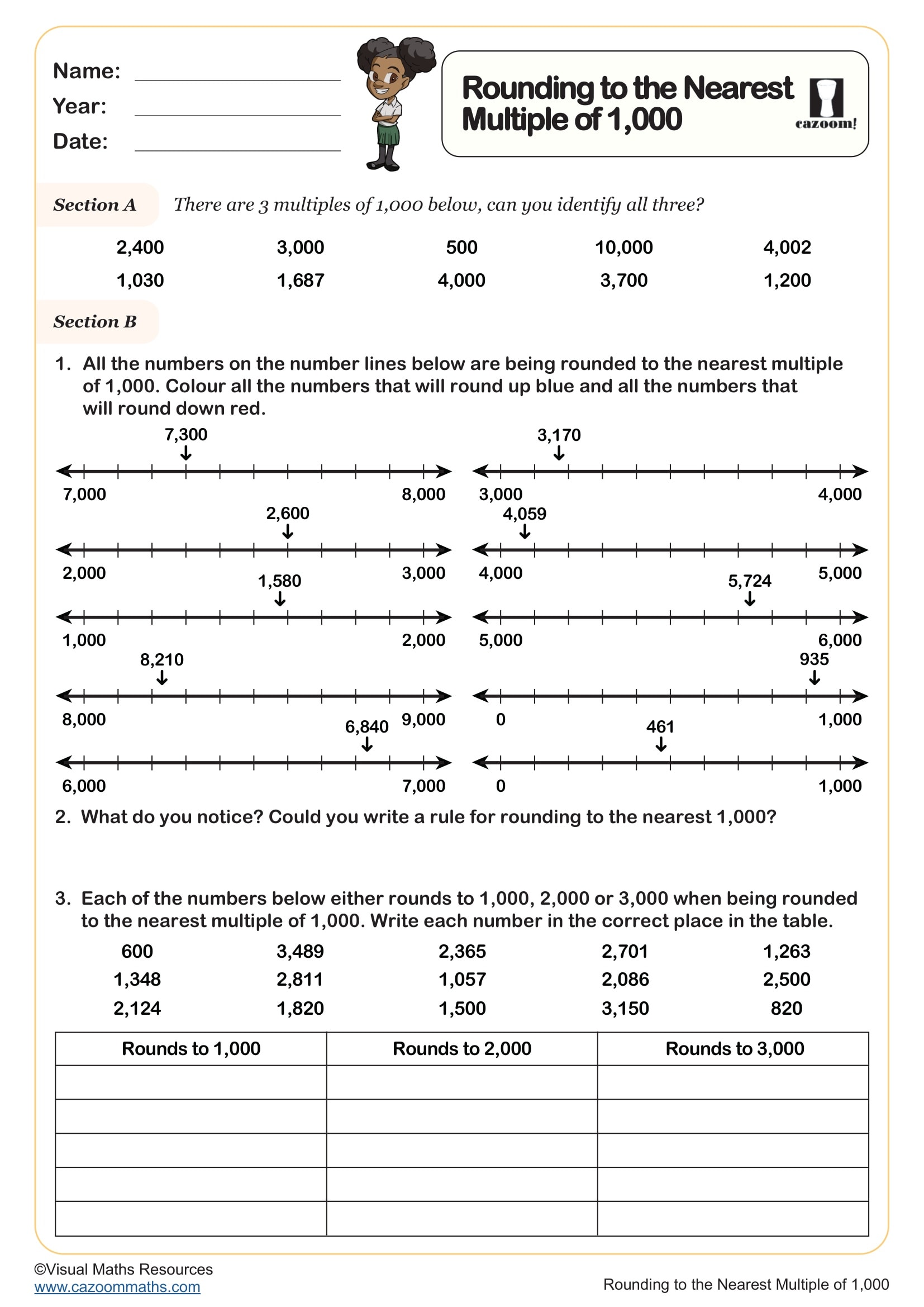 Rounding to Whole Numbers (A) | Printable PDF Year 4 Number Worksheet