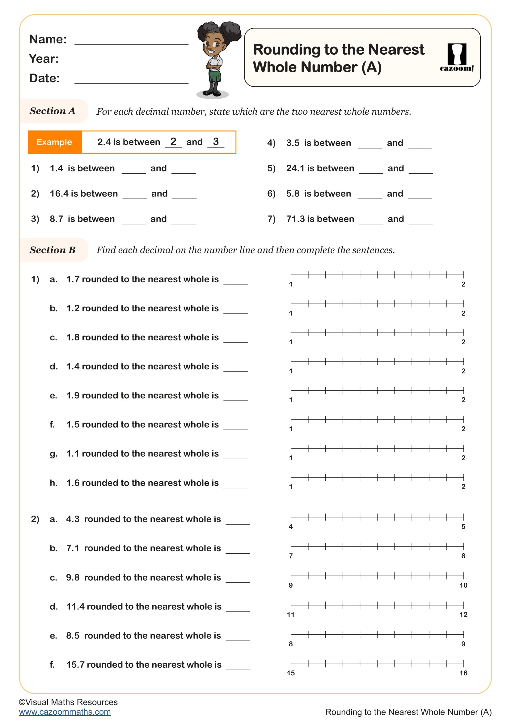 Rounding to Whole Numbers (A) | Printable PDF Year 4 Number Worksheet