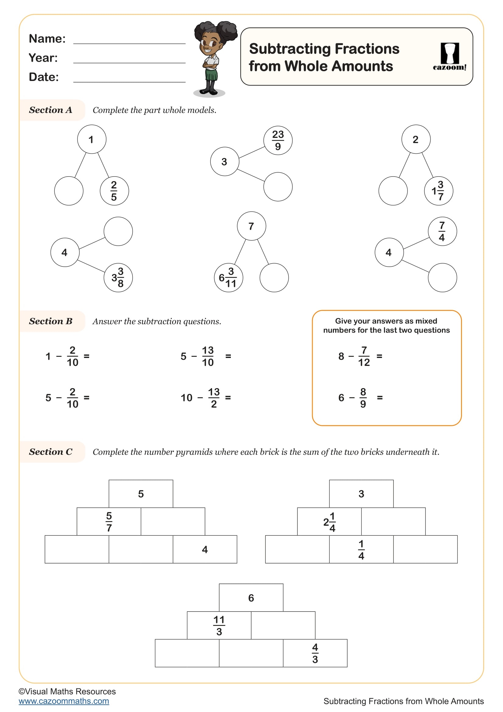 Subtracting Fractions from Whole Amounts | Key Stage 2 Fractions Worksheet