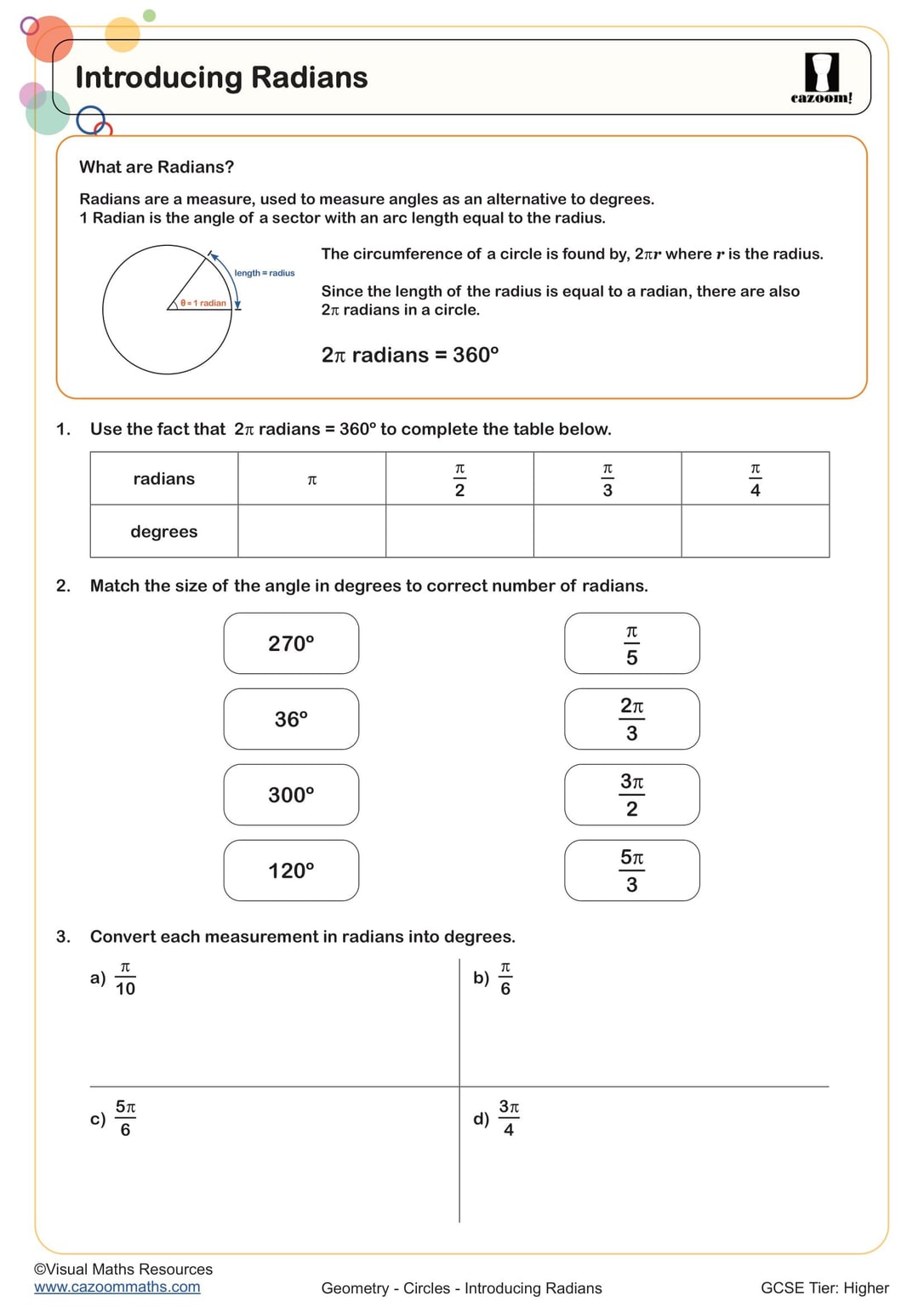 Introducing Radians | Fun and Engaging PDF Geometry Worksheet