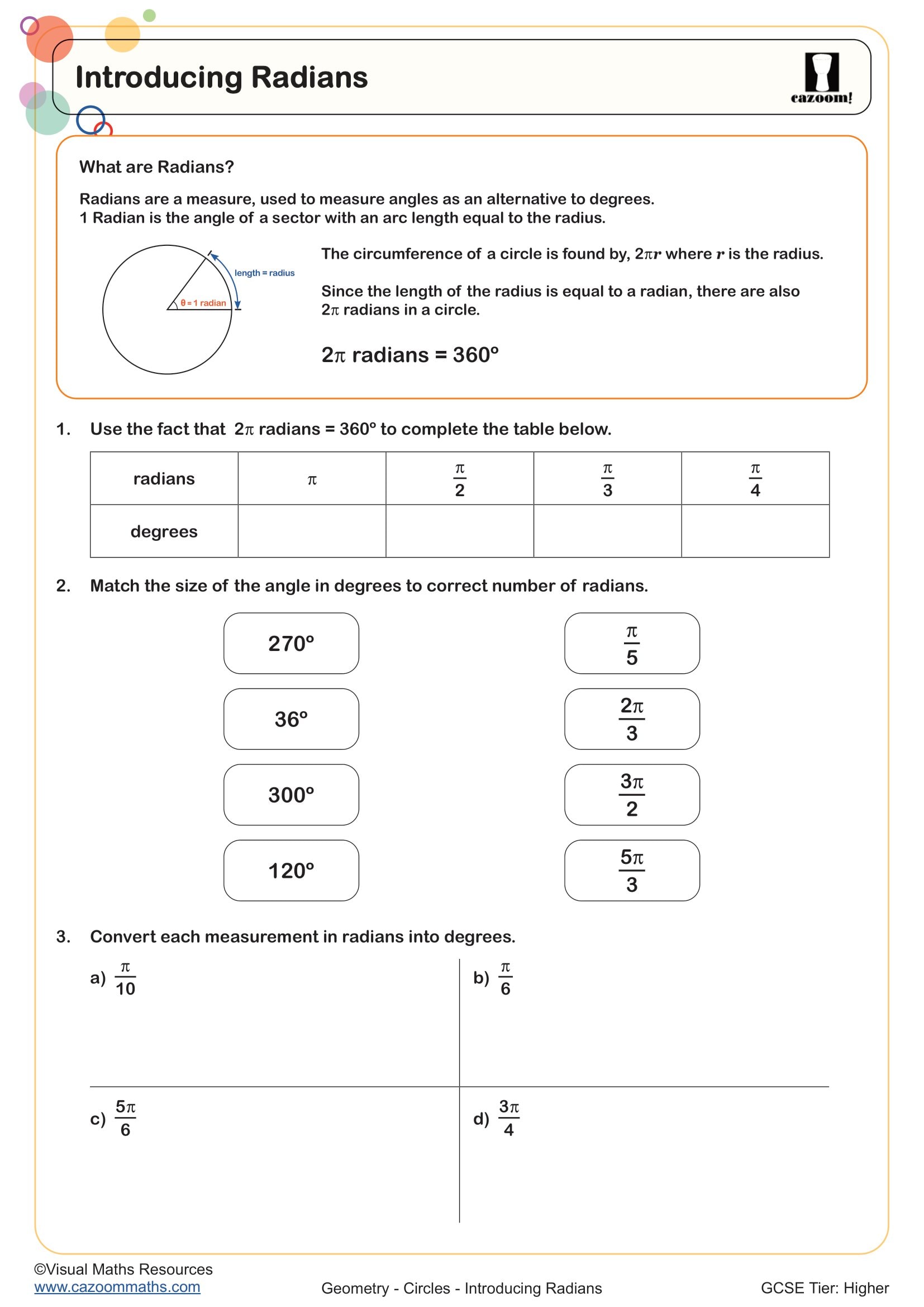 Introducing Radians | Fun and Engaging PDF Geometry Worksheet