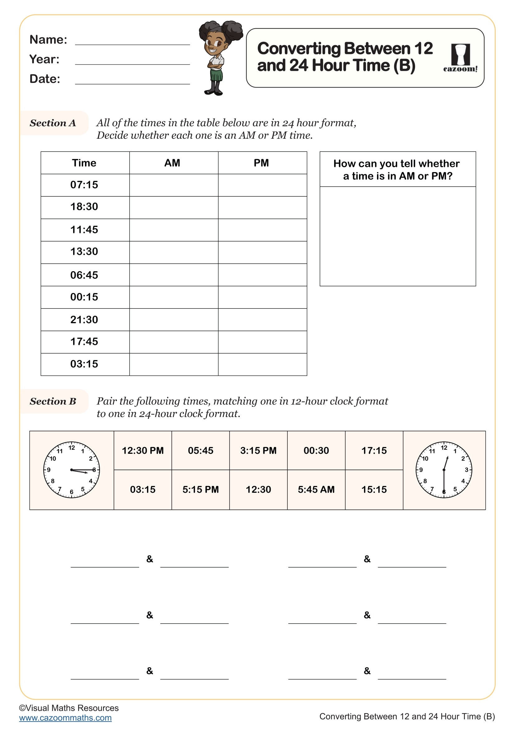 Converting Between 12 and 24 Hour Time (B) Worksheet | Printable PDF ...
