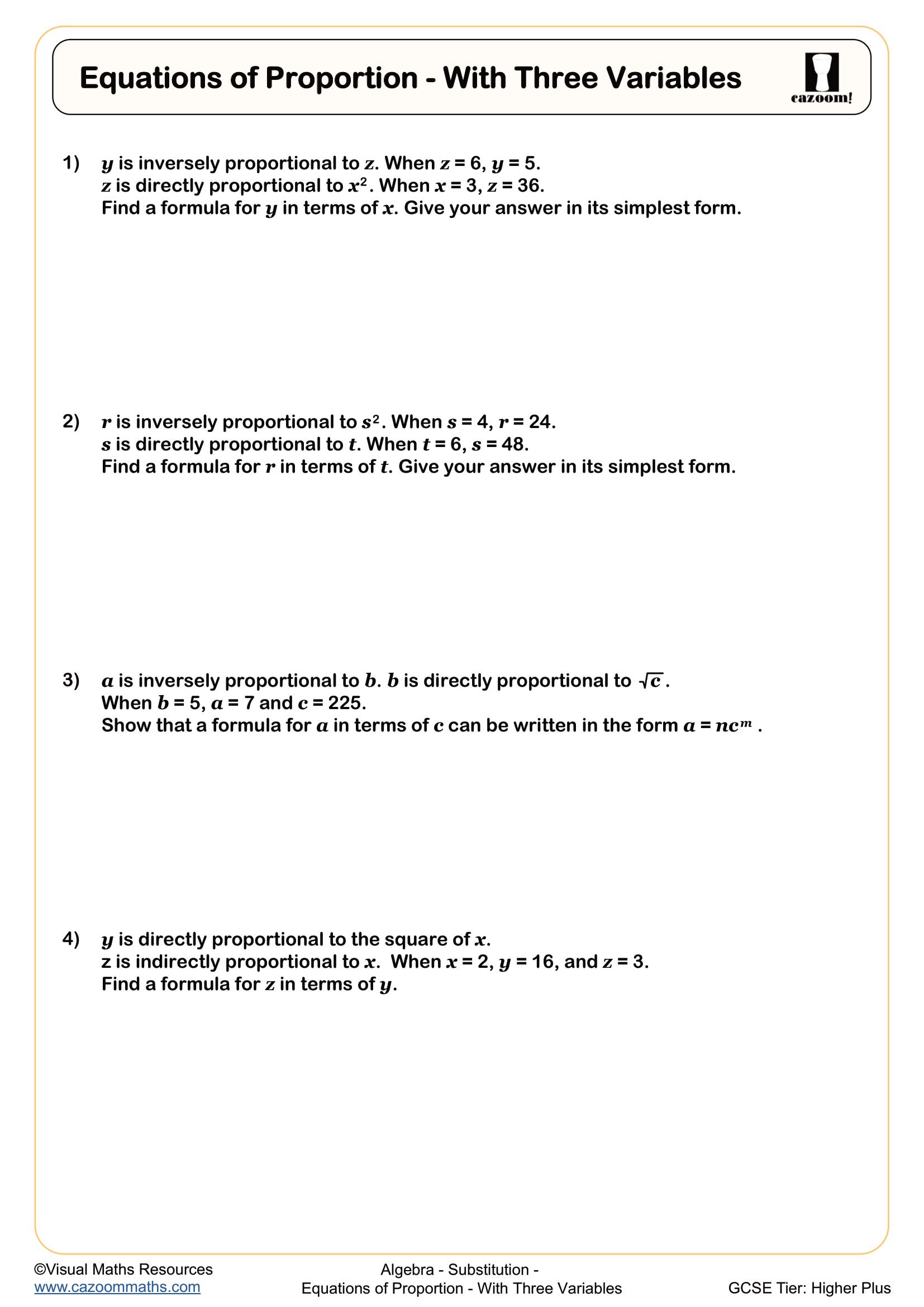 Equations of Proportion with Three Variables Worksheet | Printable PDF ...