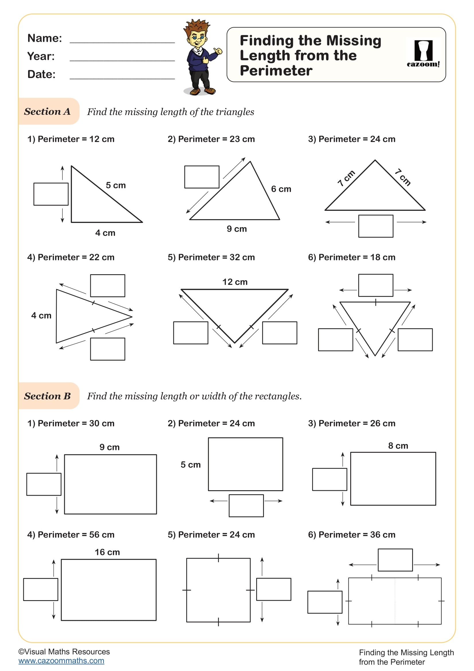 Finding the Missing Length From the Perimeter Worksheet | Printable PDF ...