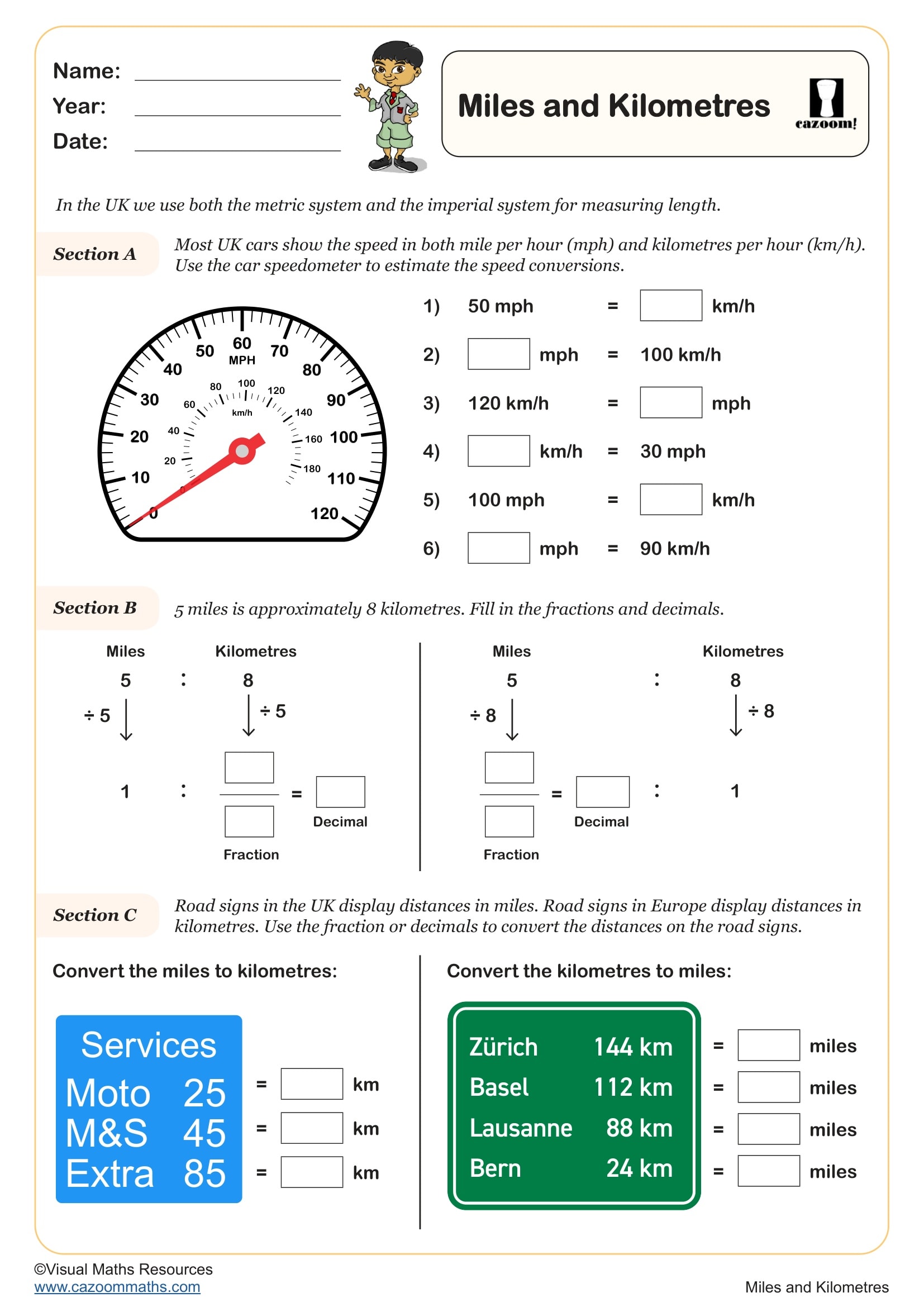 Miles and Kilometres Worksheet | Printable Year 6 Measurement Worksheet