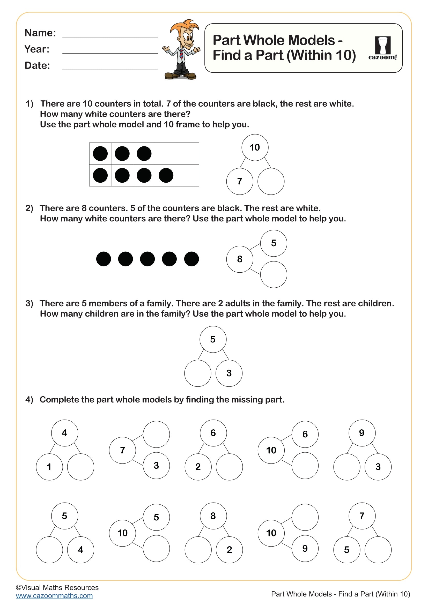 Part Whole Models - Find a Part (Within 10) Worksheet | Printable PDF ...