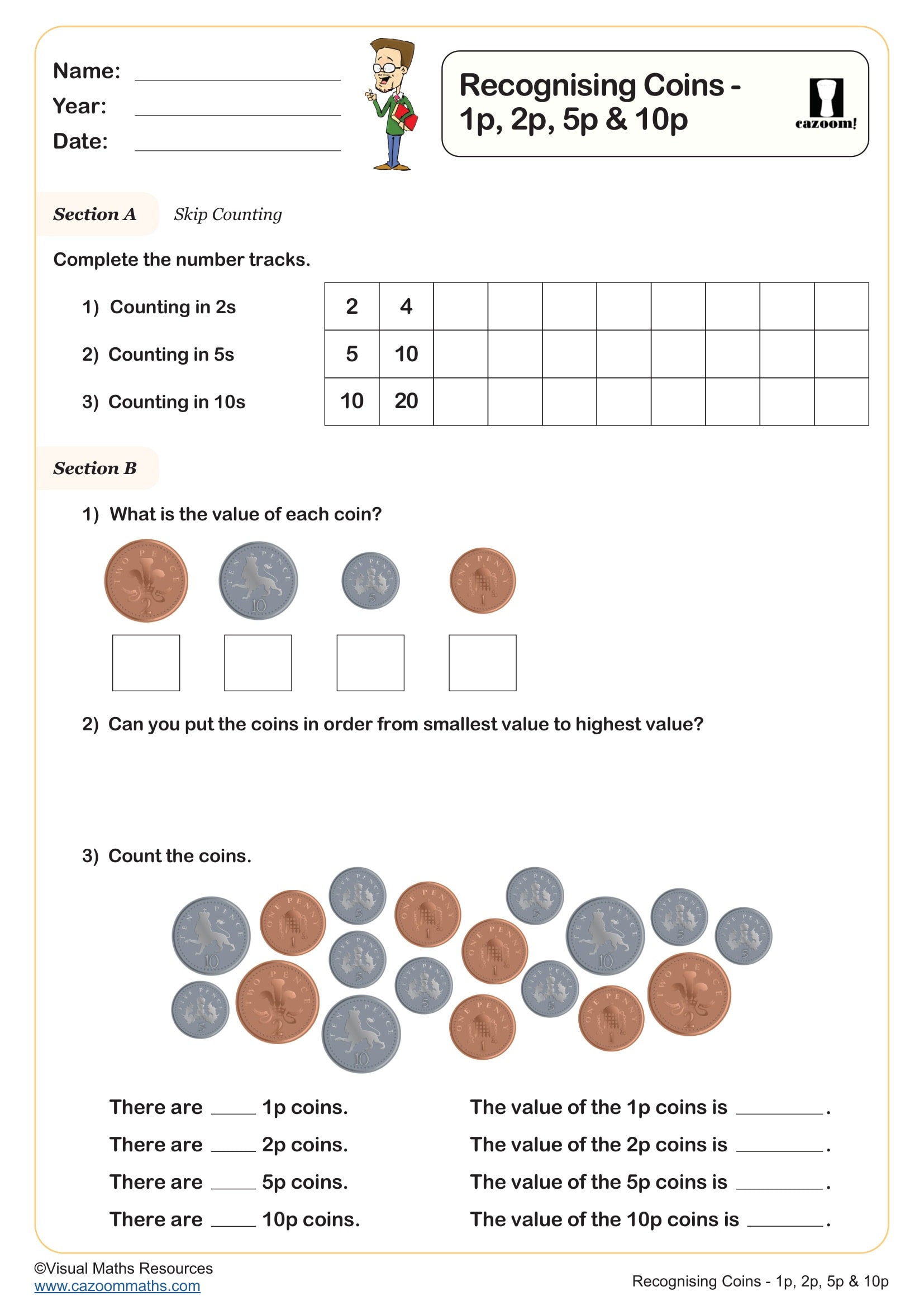Recognising Coins - 1p, 2p, 5p & 10p Worksheet | Printable PDF Year 1 ...